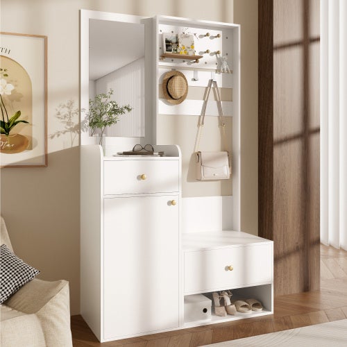 Garde-robe d'entrée compacte et moderne avec miroir,étagères spacieuses ...