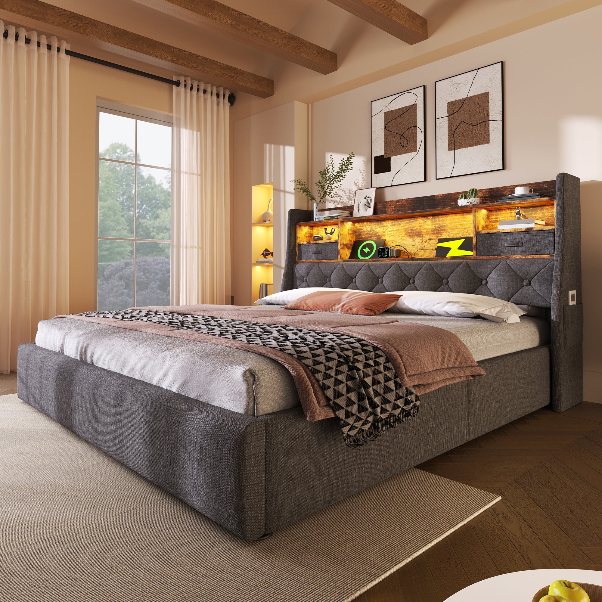 Letto contenitore LED 160x200 con materasso, porte USB/Type-C, lino ...