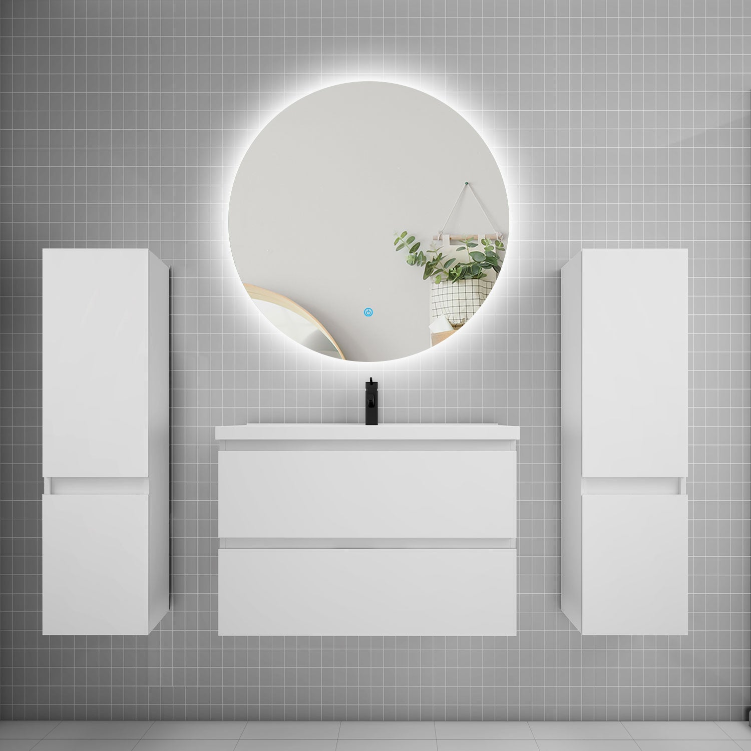 Ensemble meuble vasque L.80cm 2 tiroirs + lavabo + colonne + miroir ...