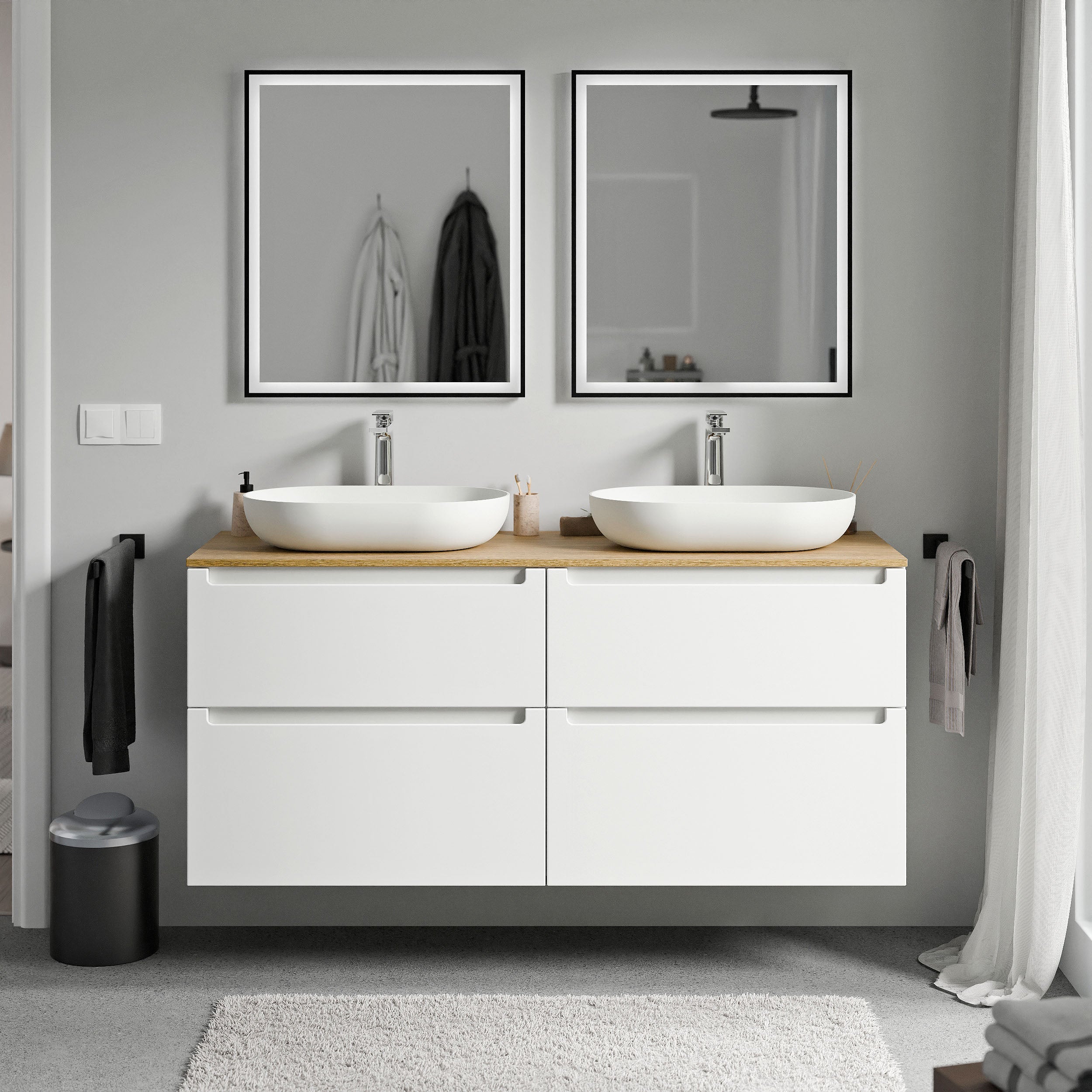 BERNSTEIN - Mueble lavabo suspendido MDF blanco mate, encimera de roble ...
