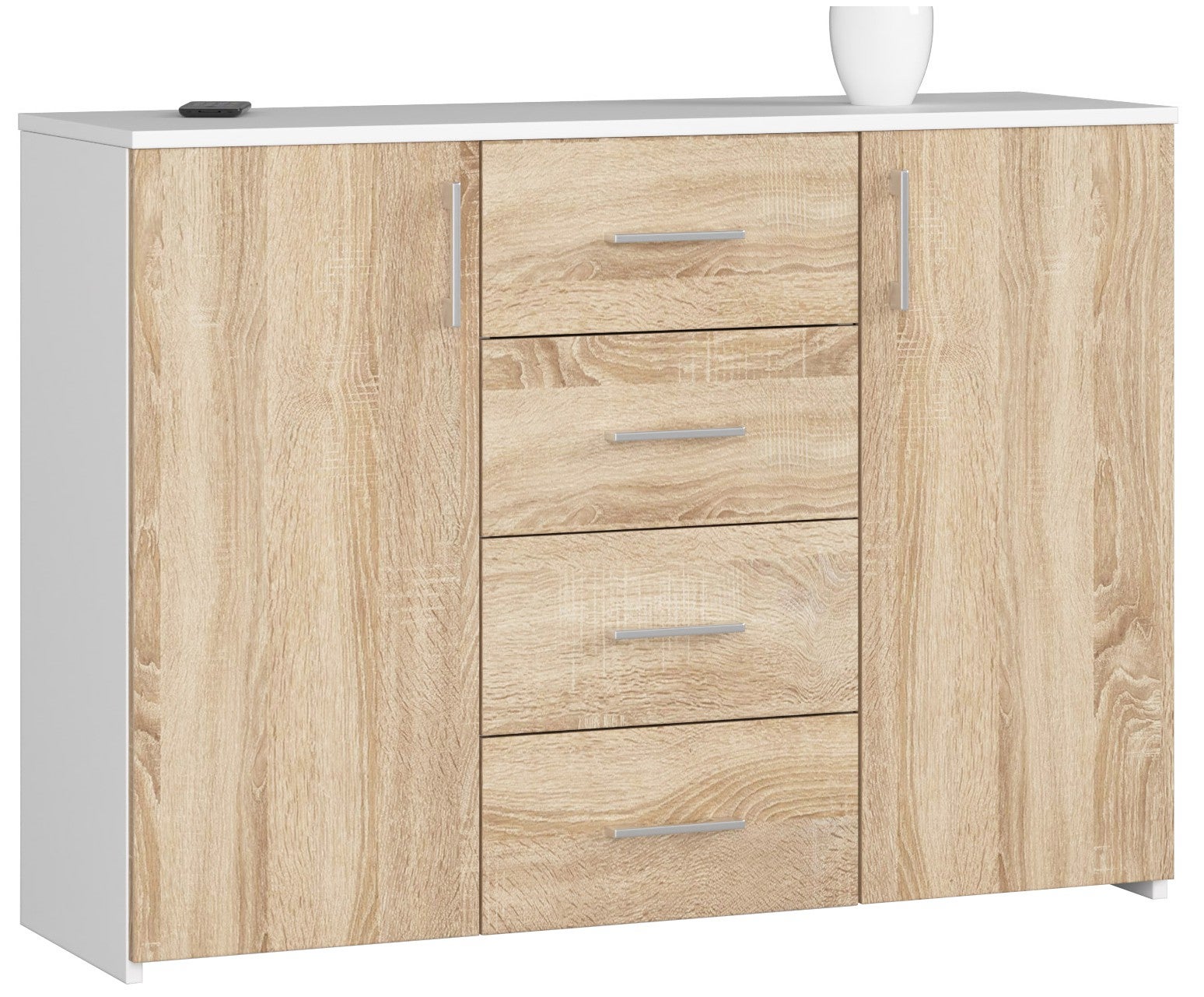 Commode : 4 tiroirs, 2 portes, 4 étagères, blanc | chêne sonoma, 110 x ...