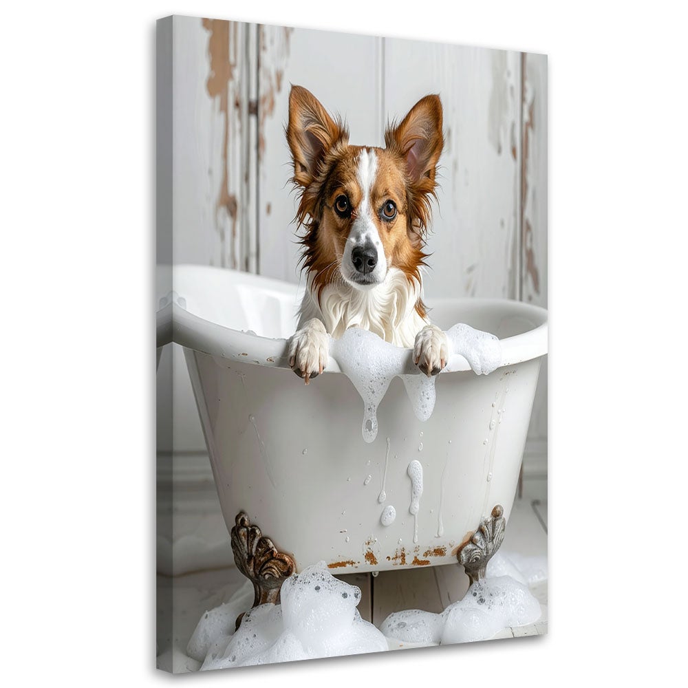 Tableaux, Chien assis dans une baignoire avec de la mousse beige 60x90 ...