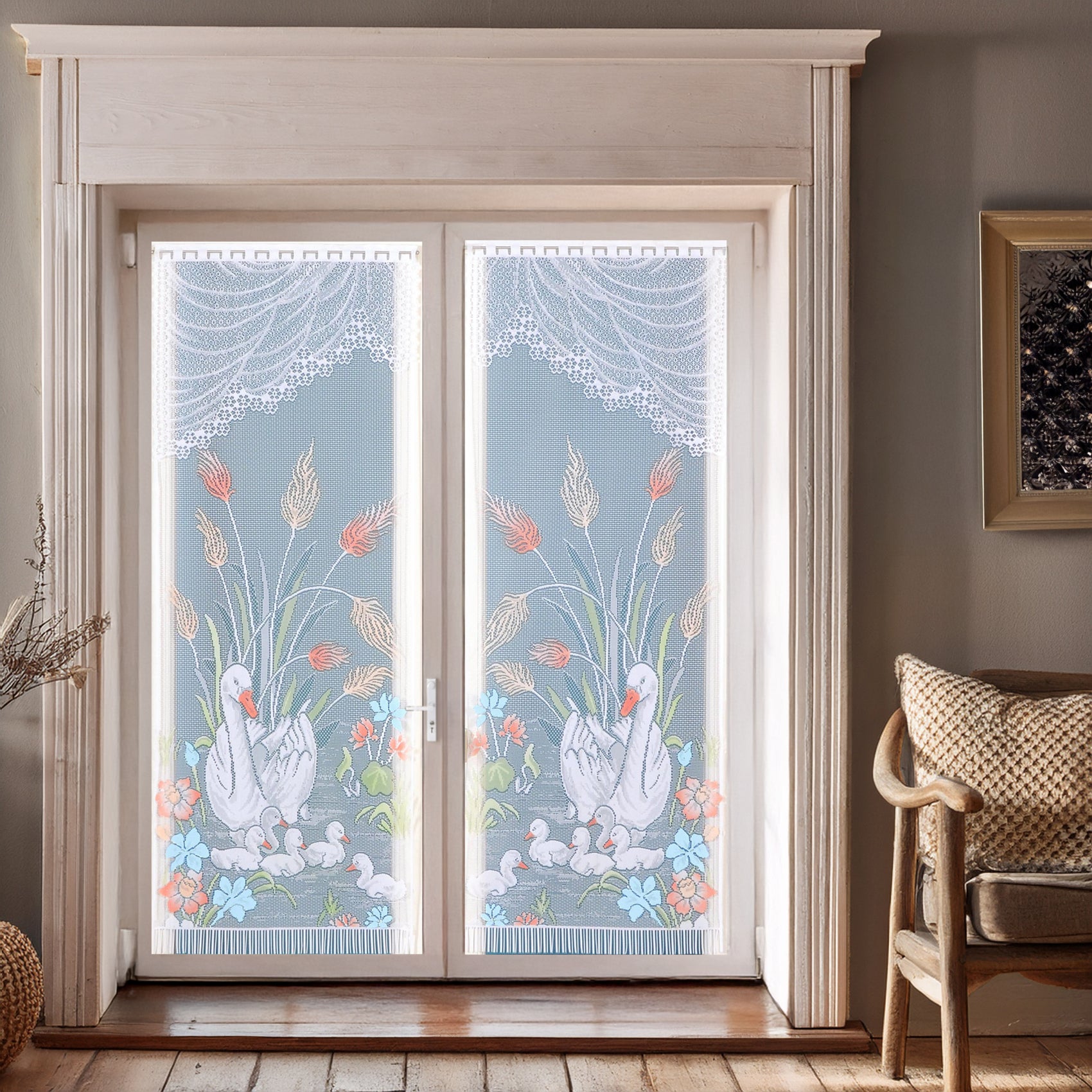 Paire de vitrages frangés en dentelle avec cygnes - Vert - 60x120 cm ...