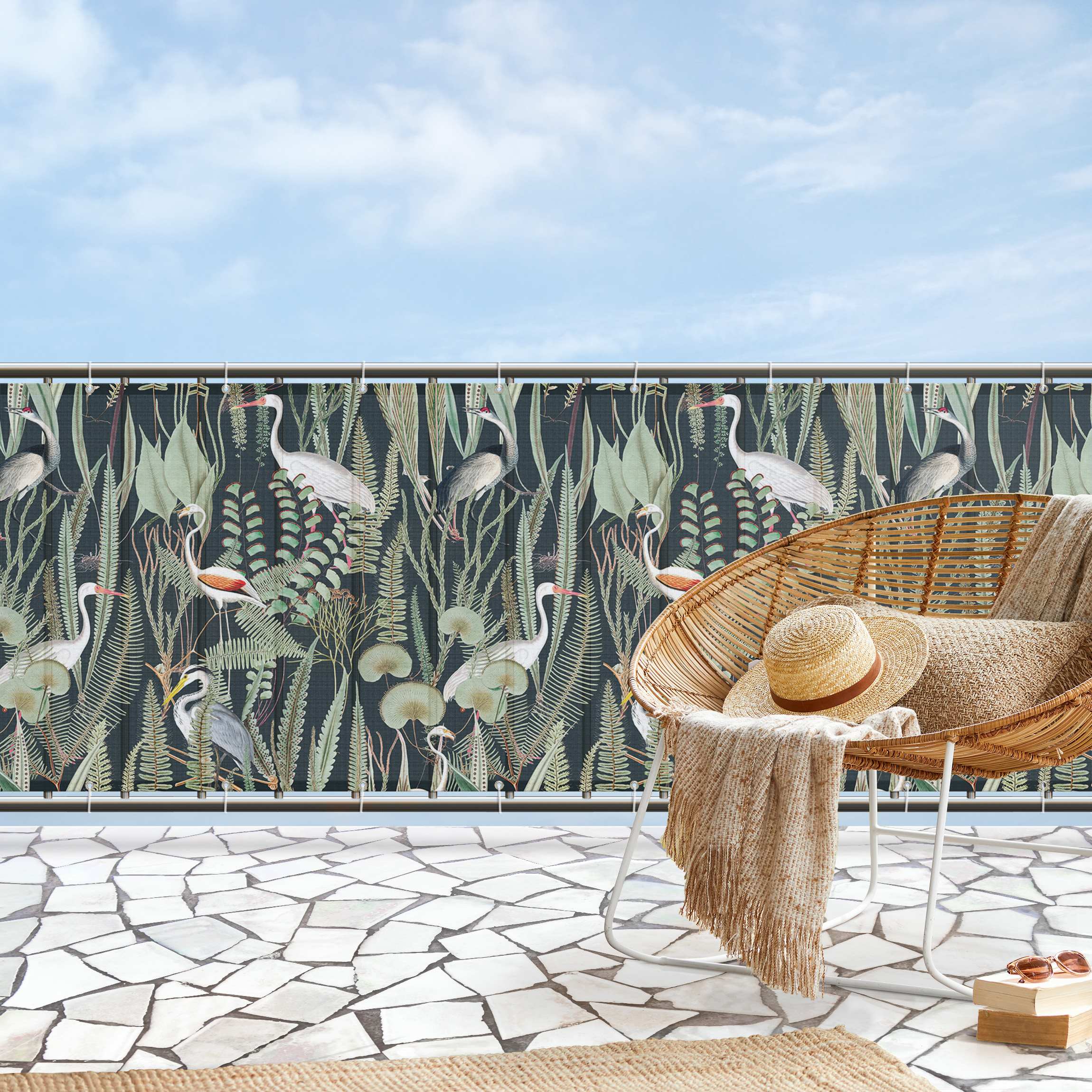 Brise-vue pour balcon - Flamants roses et cigognes avec plantes sur ...