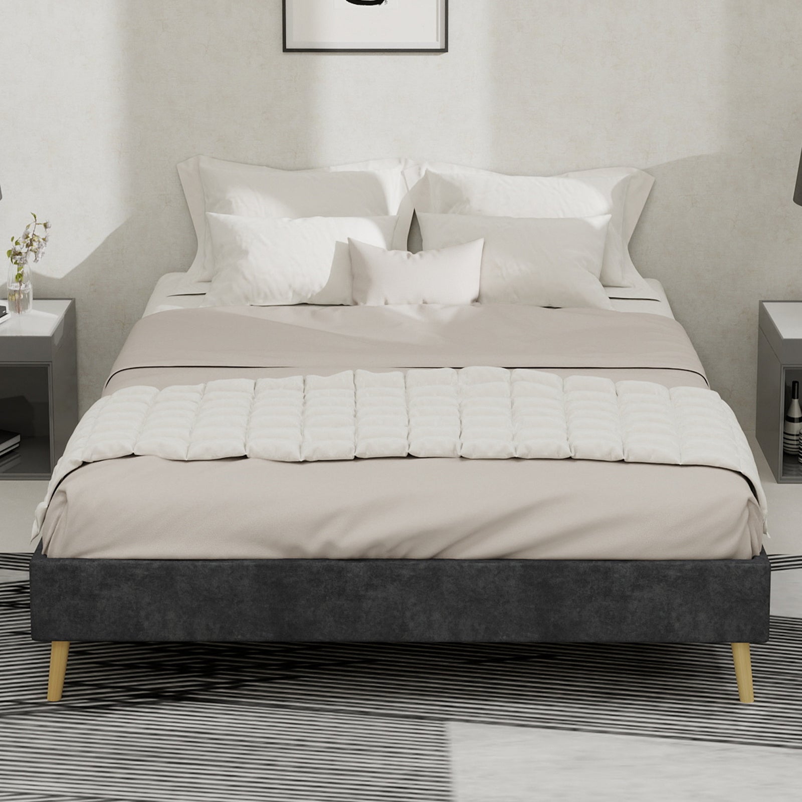Cadre de lit minimaliste moderne 140×200 cm (gris) : velours hollandais ...