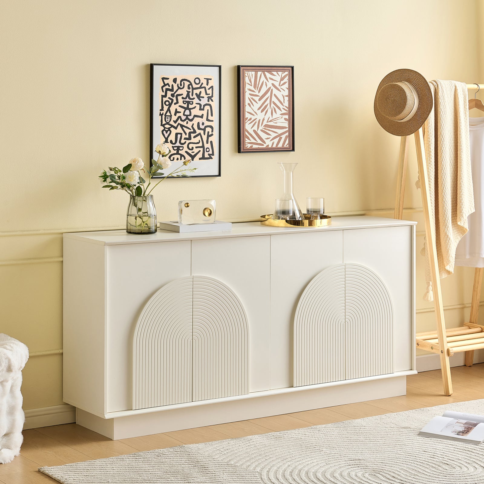 Buffet blanc 160 cm à portes cintrées - 4 portes, MDF mat - Salon/salle ...
