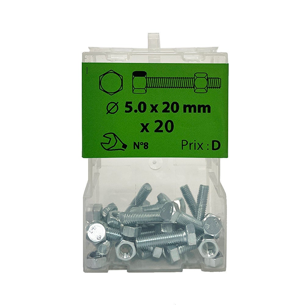 Boite 20 vis 5 x 20mm tête hexagonale + écrou classe 8.8 zingué ...
