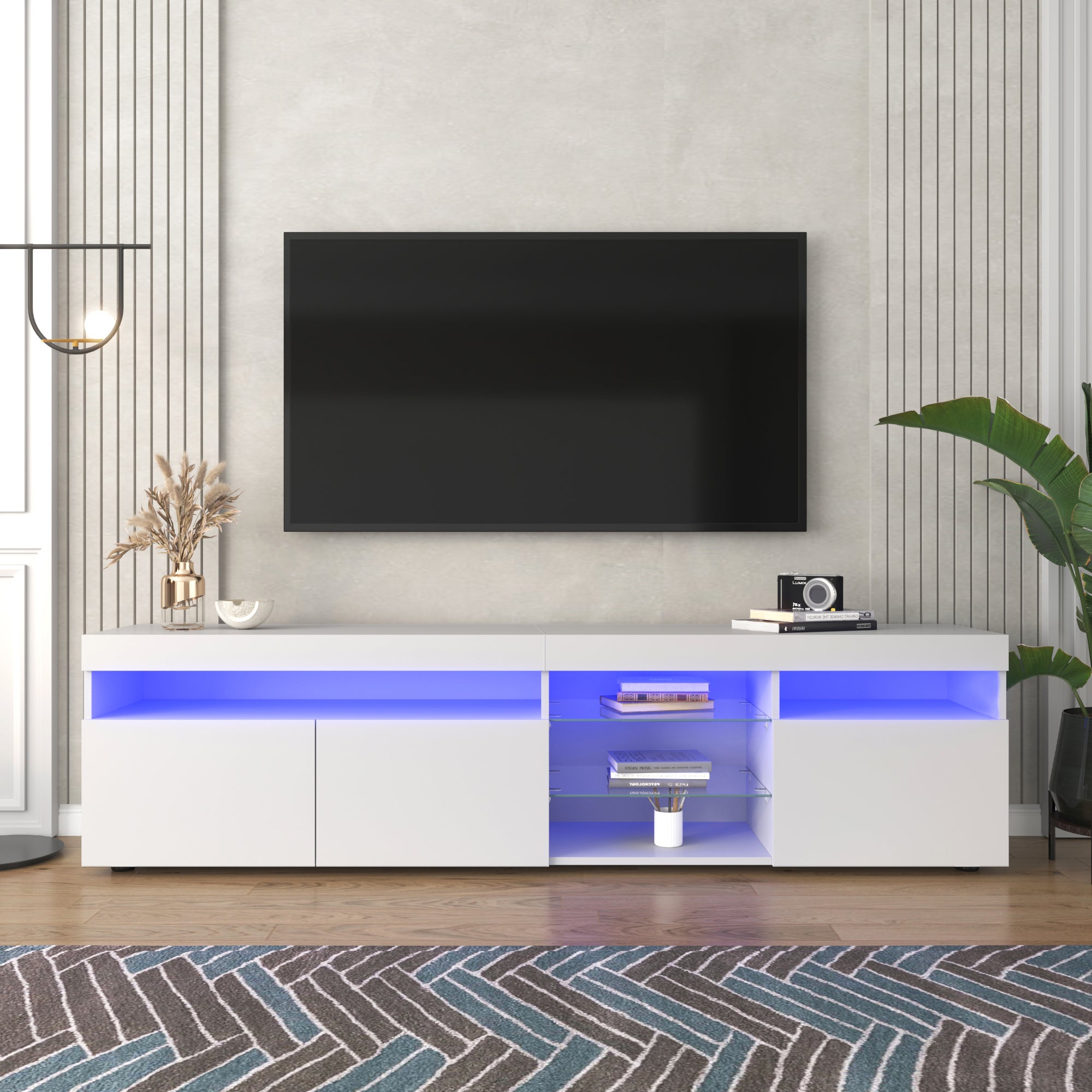 Meuble TV 180cm avec Éclairage LED, 3 Compartiments, Design Moderne en ...