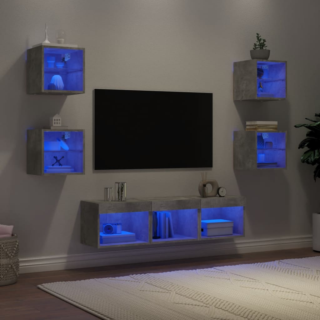 Muebles TV pared con LED 7 pzas madera ingeniería gris hormigón | Leroy ...