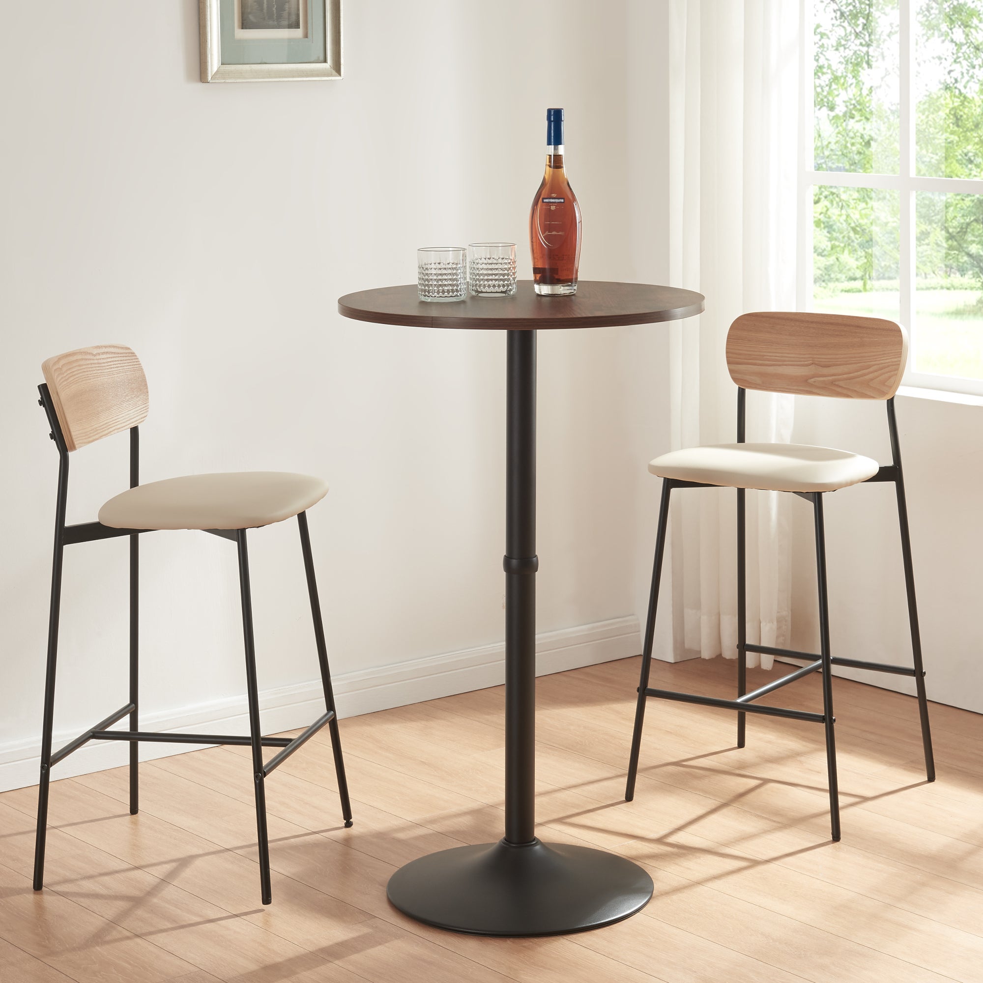Table haute ronde Vantaa acier MDF 100 x 60 cm noir effet noyer [en ...