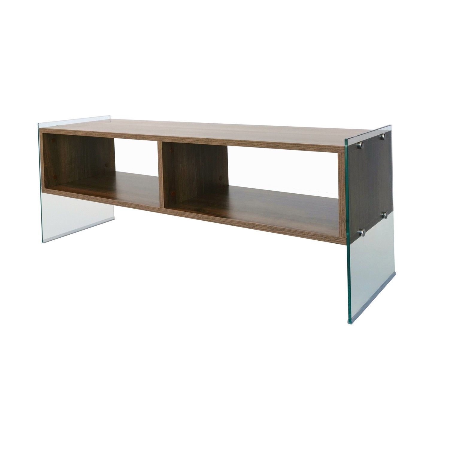 Meuble TV 2 étagères Doris L120xH35cm Bois foncé et Verre trempé ...