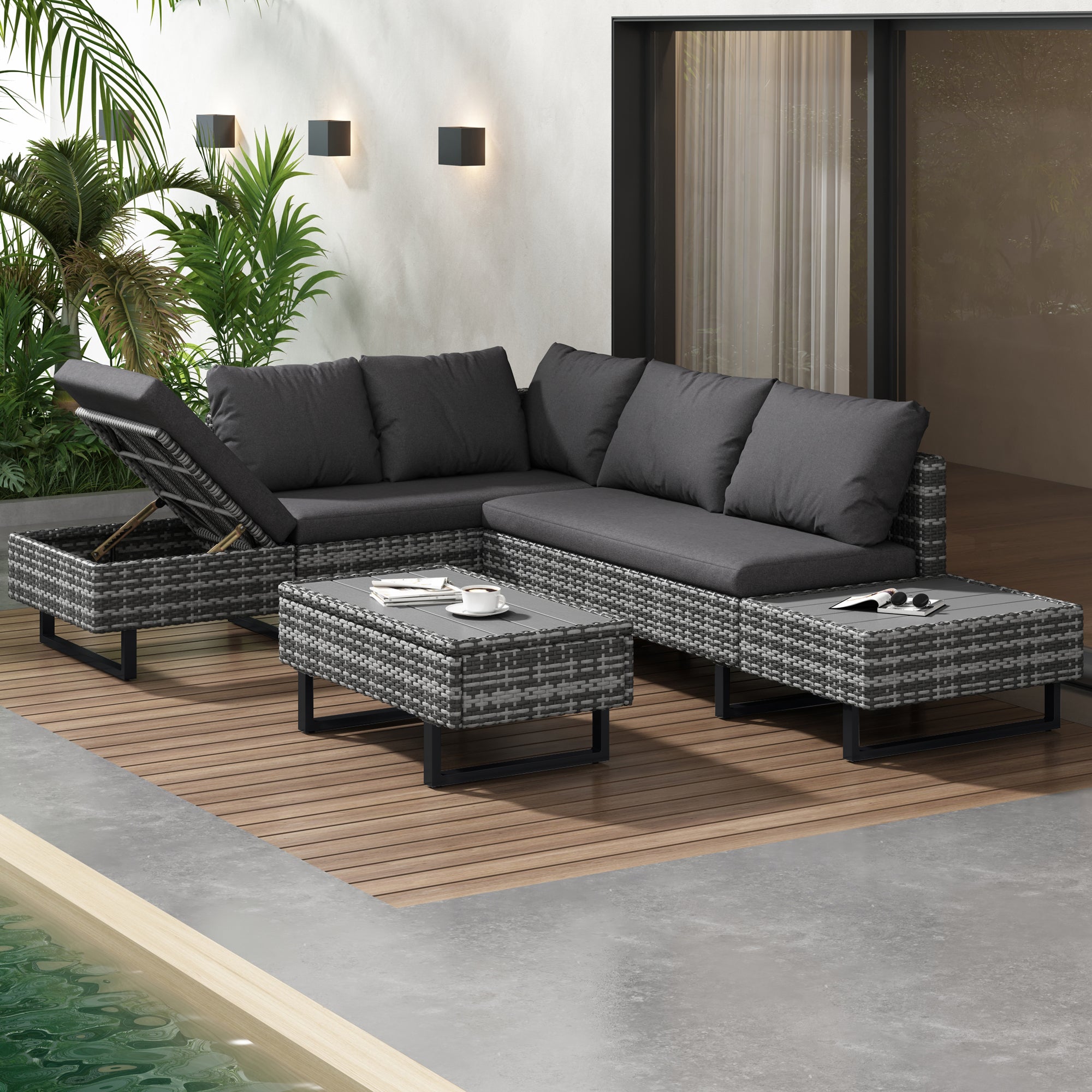 Salon de Jardin Modulable 4-5 Places, Méridienne Inclinable, Table ...
