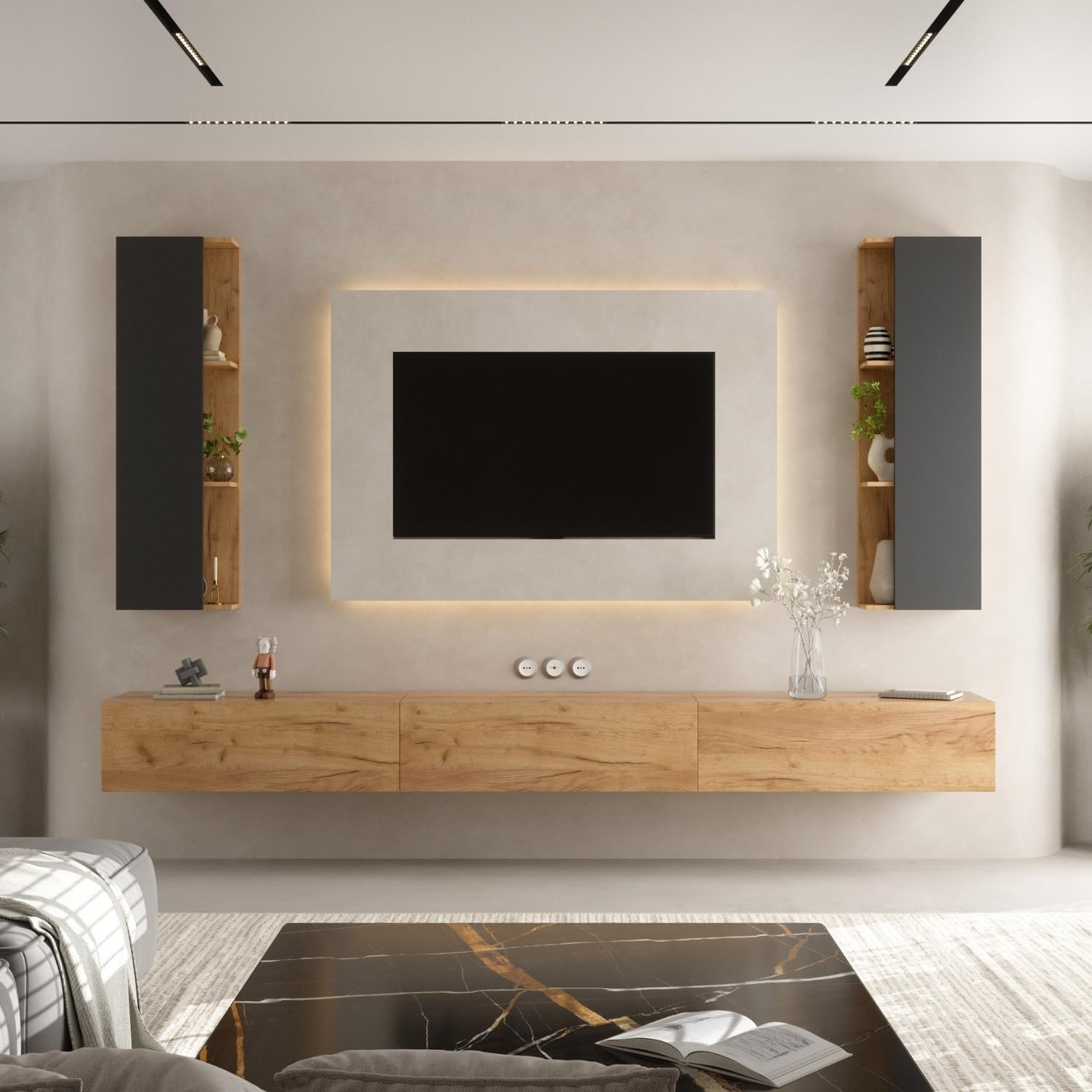 Mueble TV 300 cm de largo, 2 muebles TV 40 x 130 x 17 cm suspendidos ...