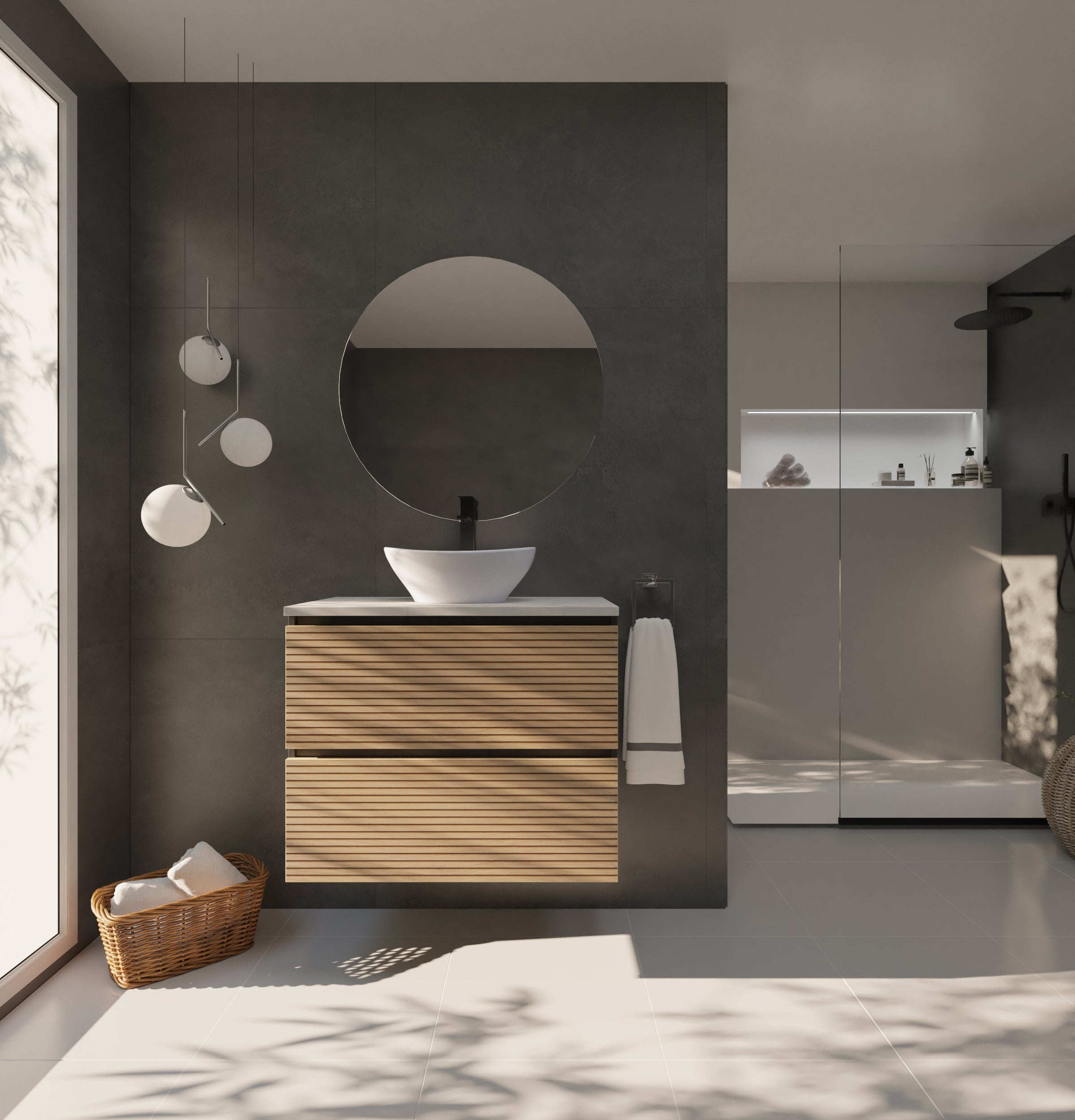 CONJUNTO DE BAÑO YINU | MUEBLE DE BAÑO SUSPENDIDO | 80 CM NEGRO - SOLOMON | DOS CAJONES | CON ...