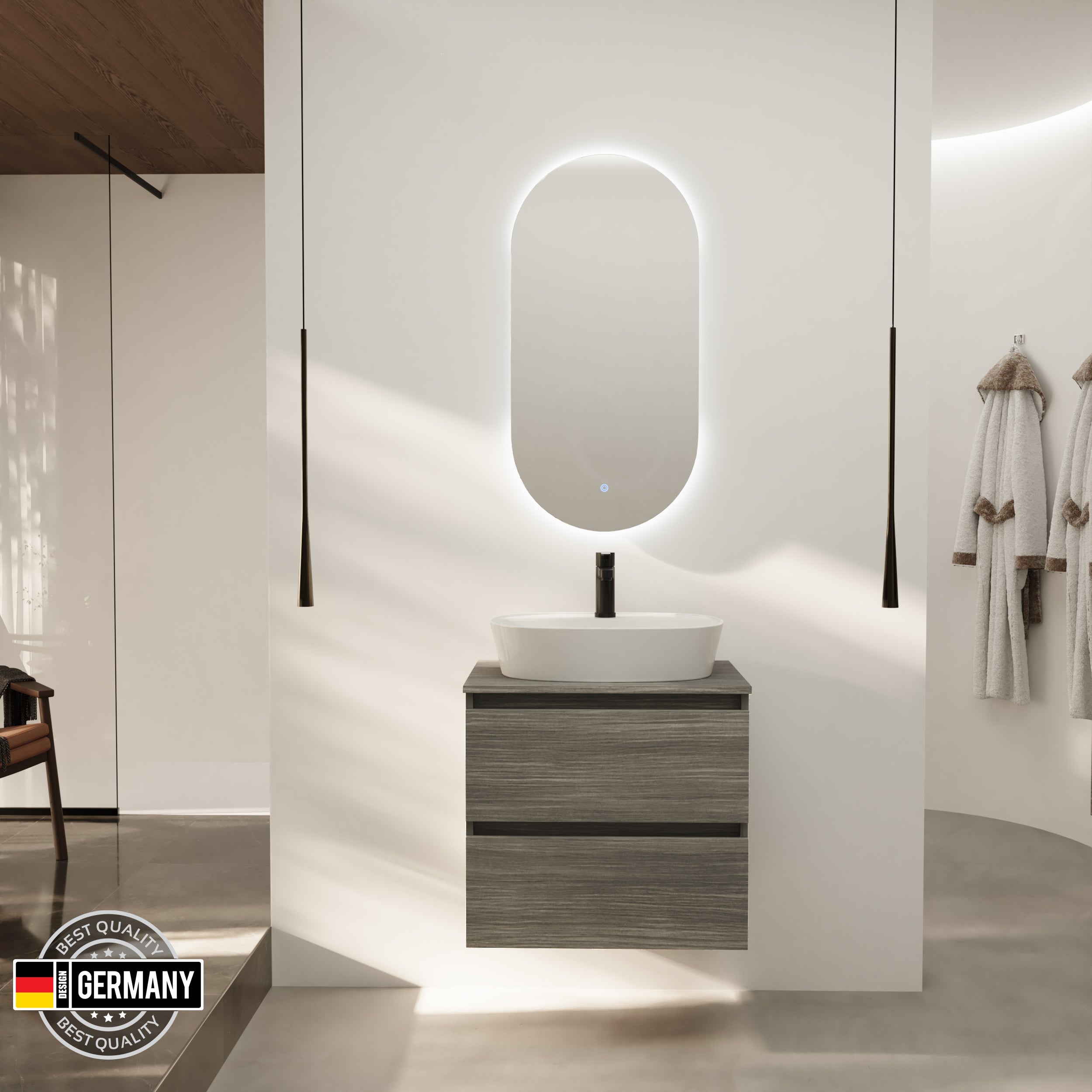 MEUBLE SALLE BAIN SUSPENDU ALTENA 60 CM GRAU|2 TIROIRS|PLAN ET LAVABO ...