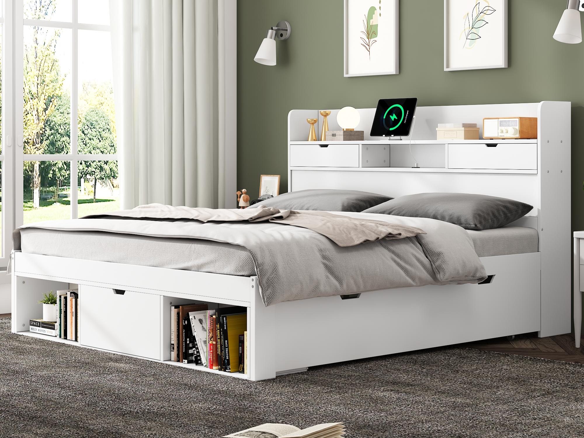 Lit adulte en bois 160x200 cm - avec port de recharge et rangements ...