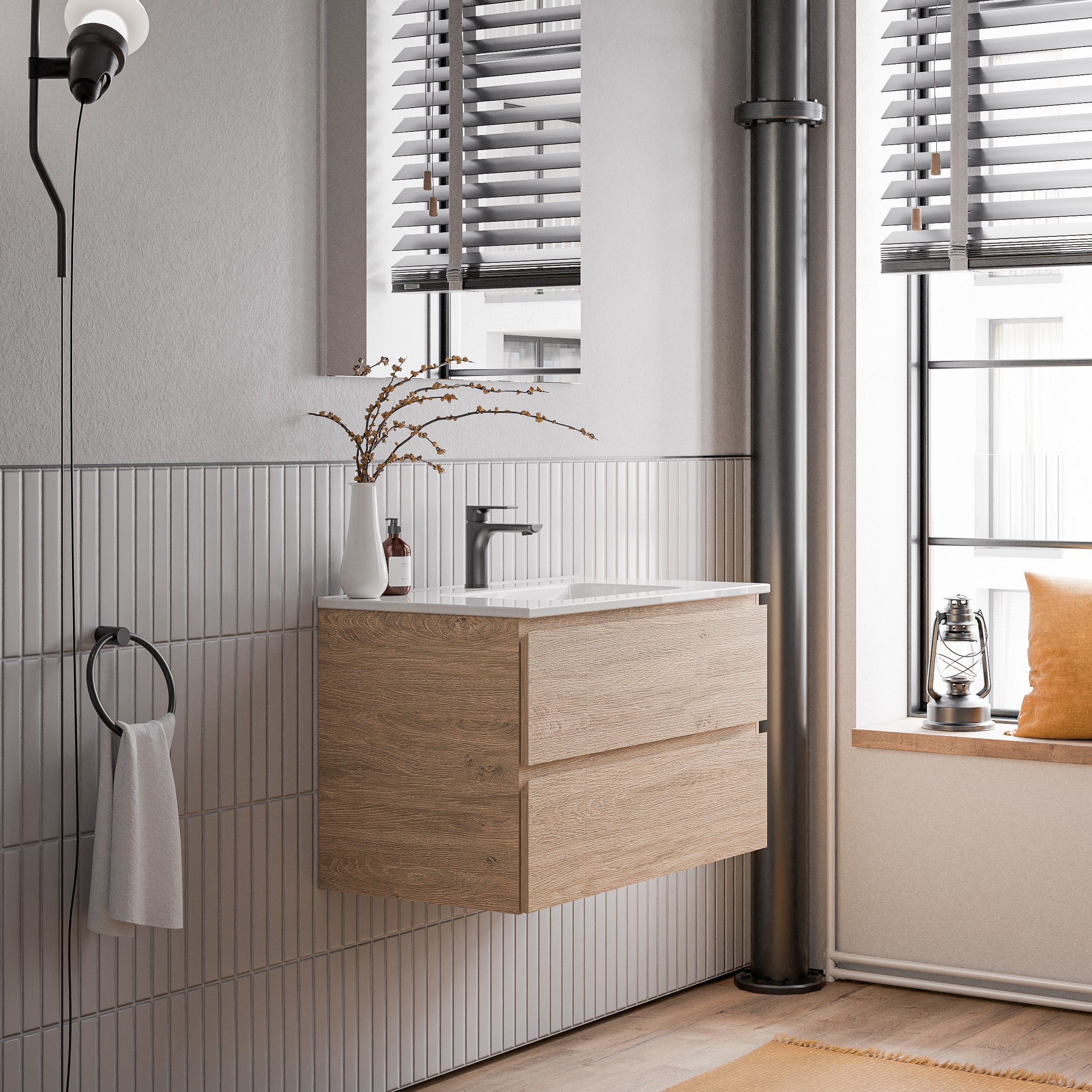 BERNSTEIN - Mueble lavabo suspendido MDF Roble Miel, lavabos blanco ...