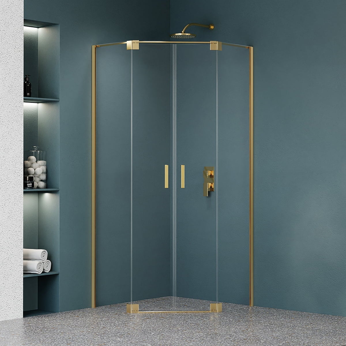 Cabine de douche doré 90x90cm, transparent , 2 portes pentagonales ...