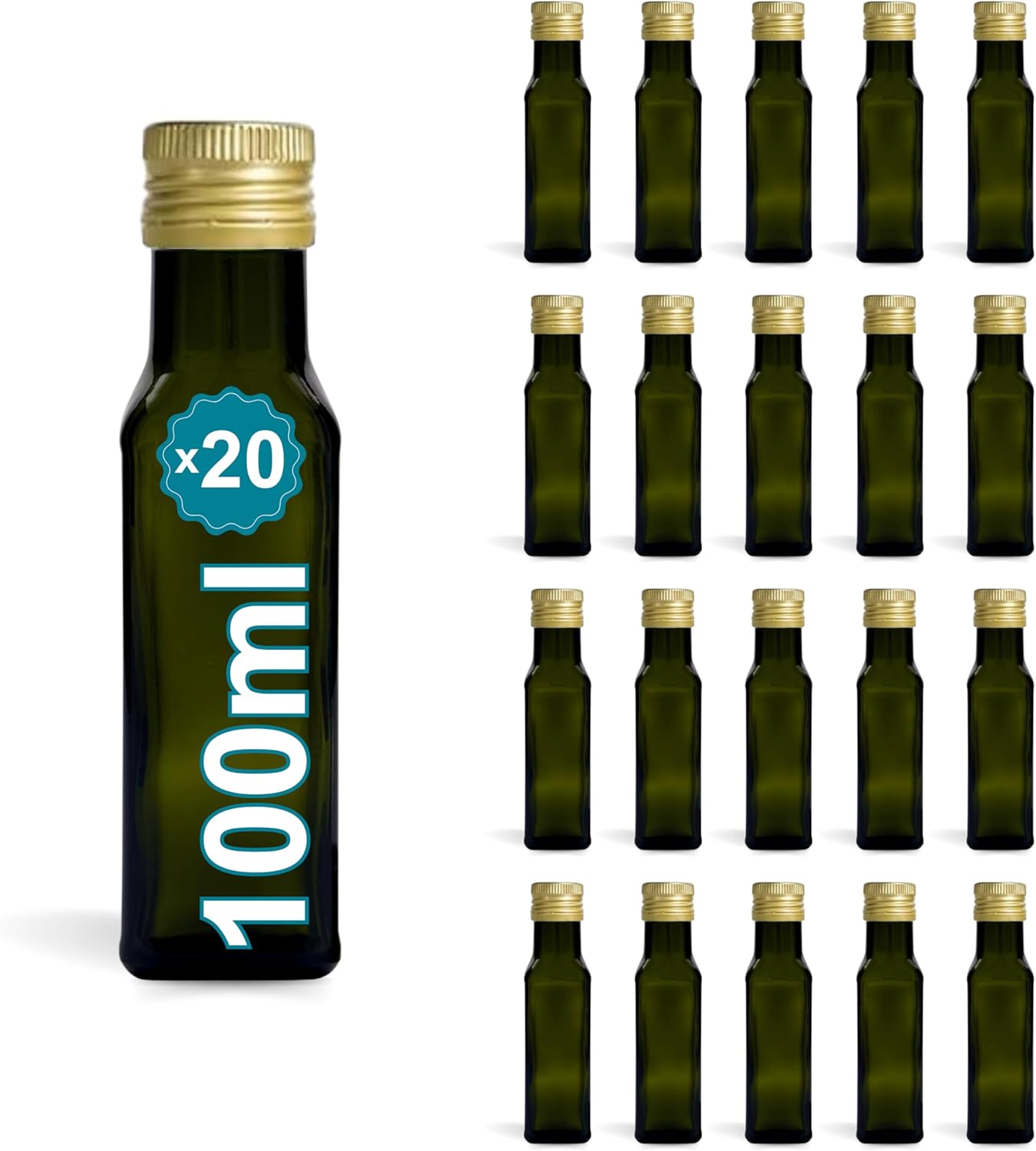 20 Mini Botellas de Vidrio Oscuro de 100ml con Tapa de Rosca Dorada ...
