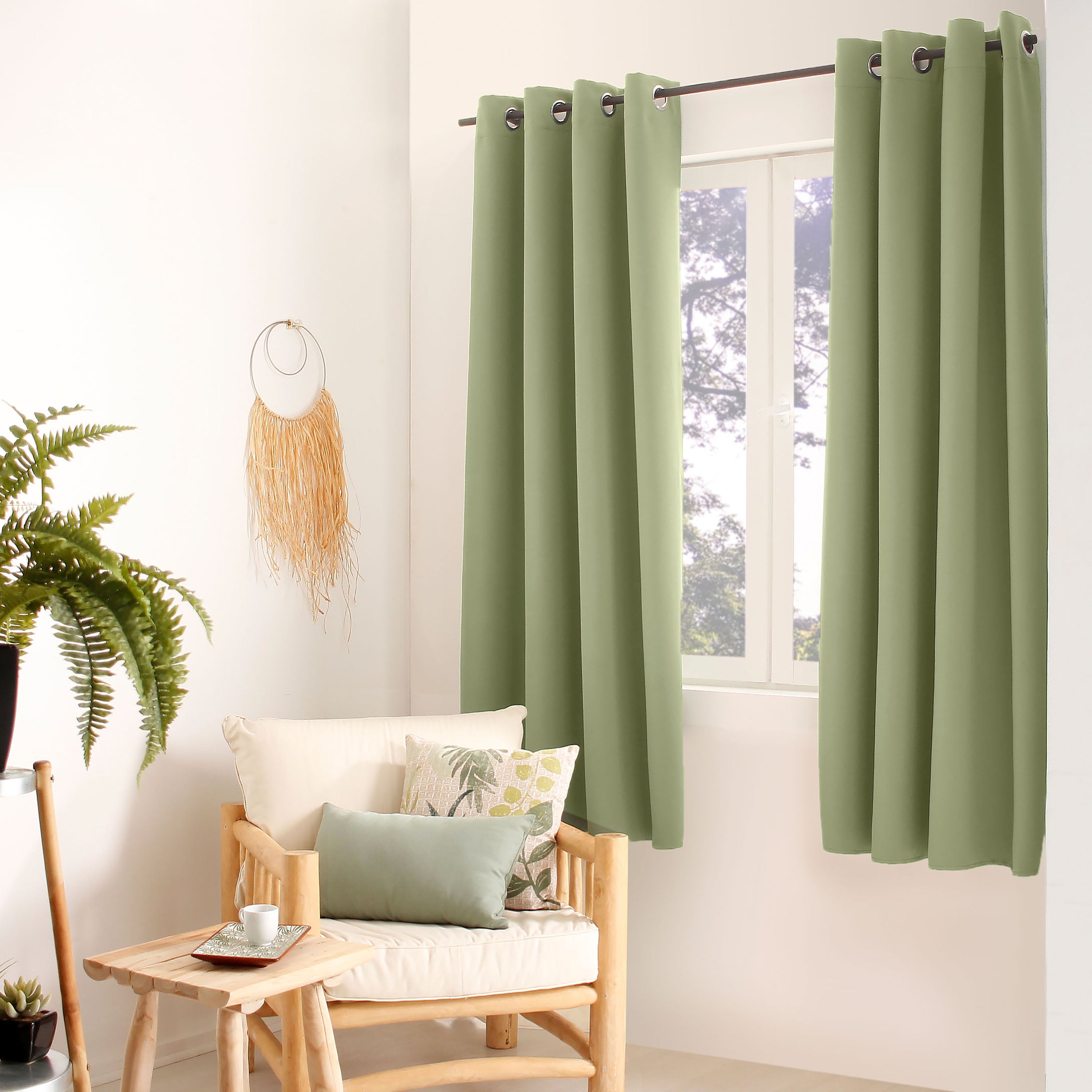 Juego de 2 cortinas opacas con almejillas, verde oliva, 140x180cm, 100% ...