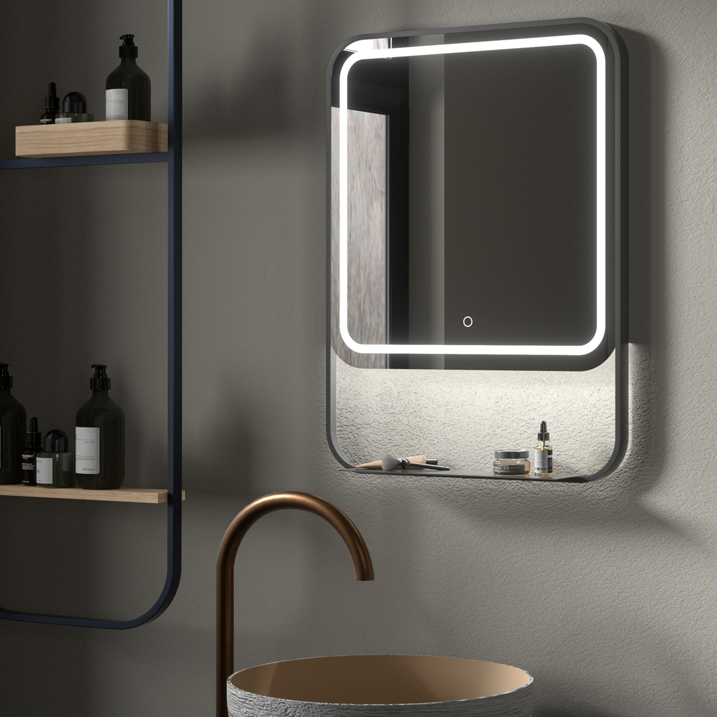 Espejo de baño repisa y estante. Iluminacion LED. Modelo Aixa. 80x80 cm ...