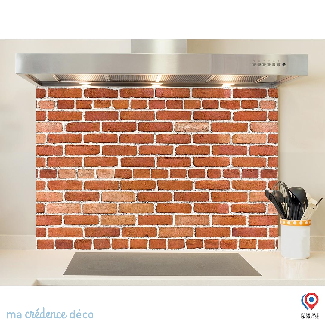 Crédence cuisine fond de hotte Mur briques rouges - Verre trempé - L 45 ...