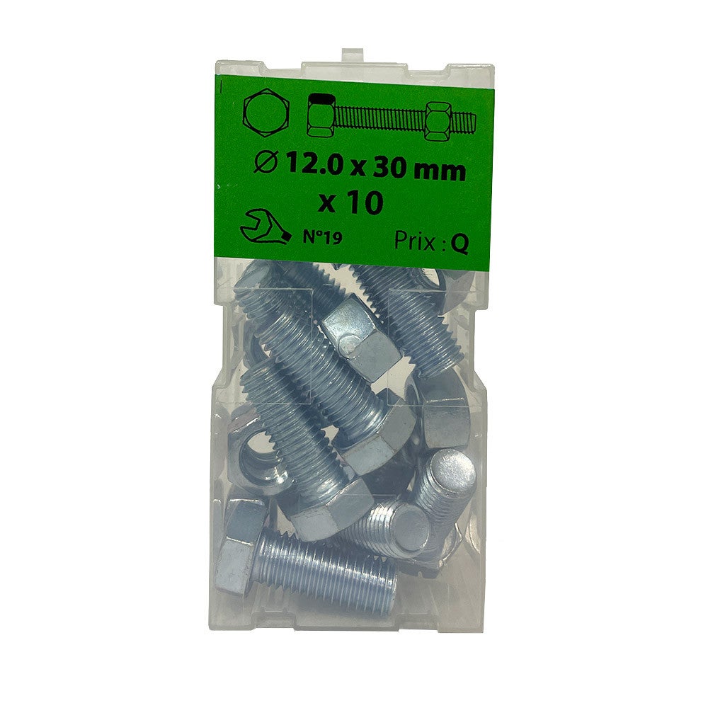 Boite 10 vis 12 x 30mm tête hexagonale + écrou classe 8.8 zingué ...
