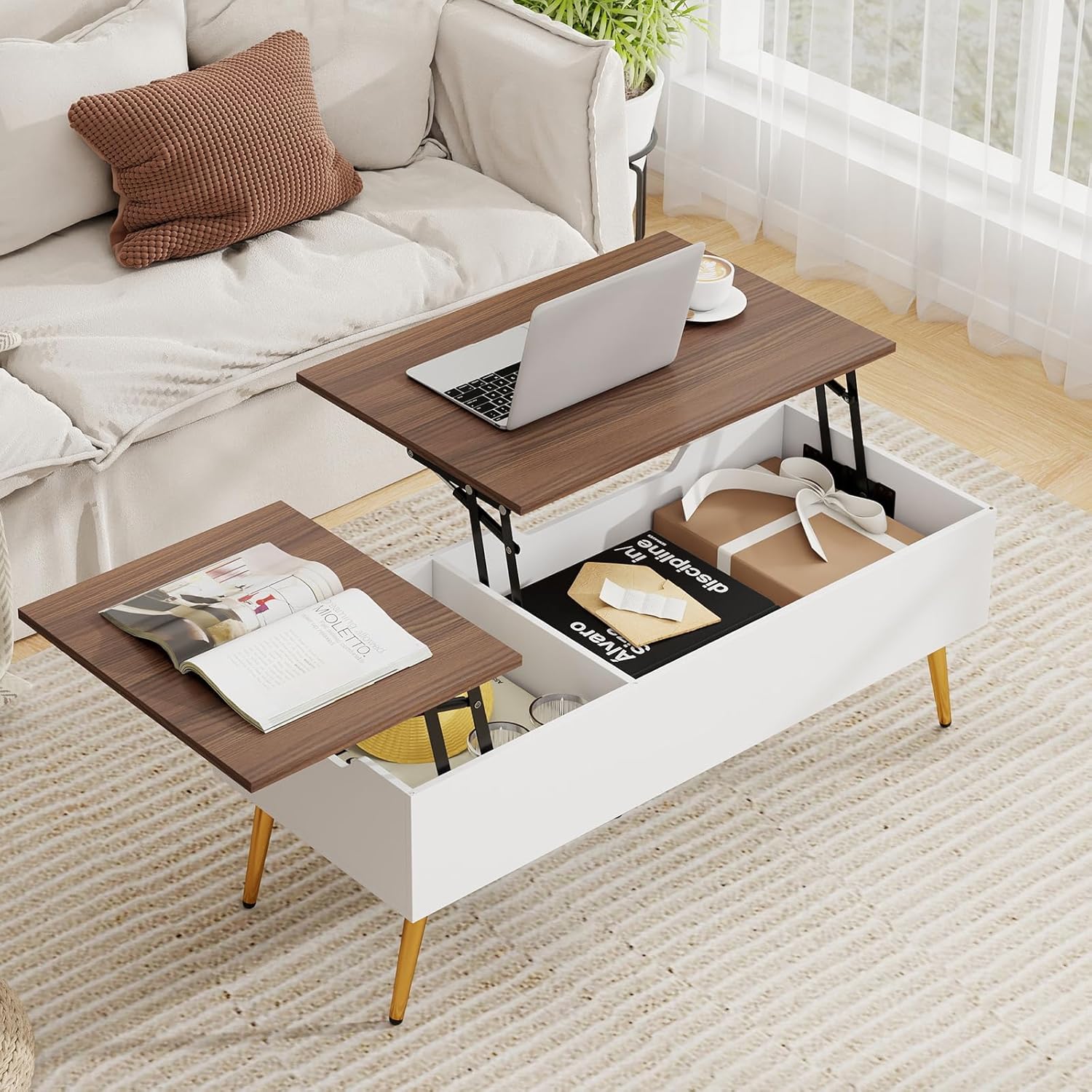 Table Basse Relevable avec Rangement, Table de Salon Plateau Relevable ...