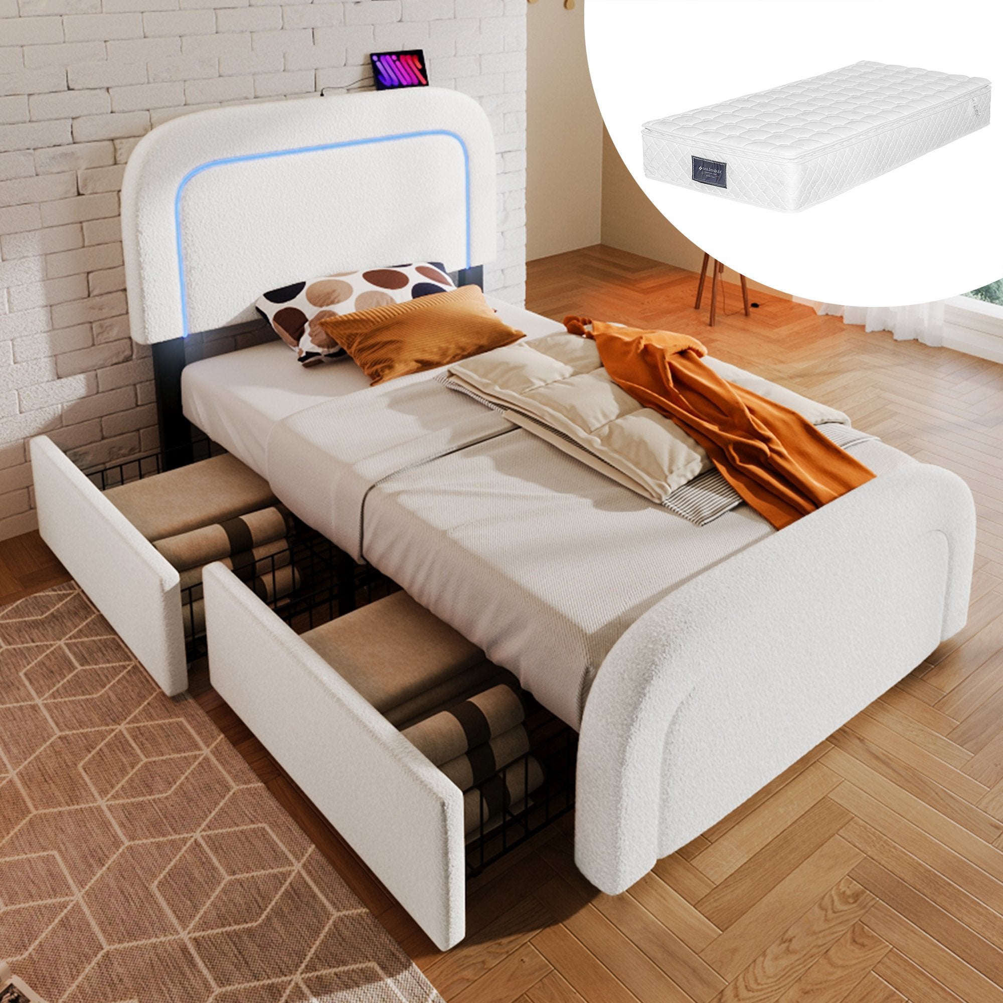 Cama individual 90 x 200 cm - USB tipo C, LED, 2 cajones, cabecero ...