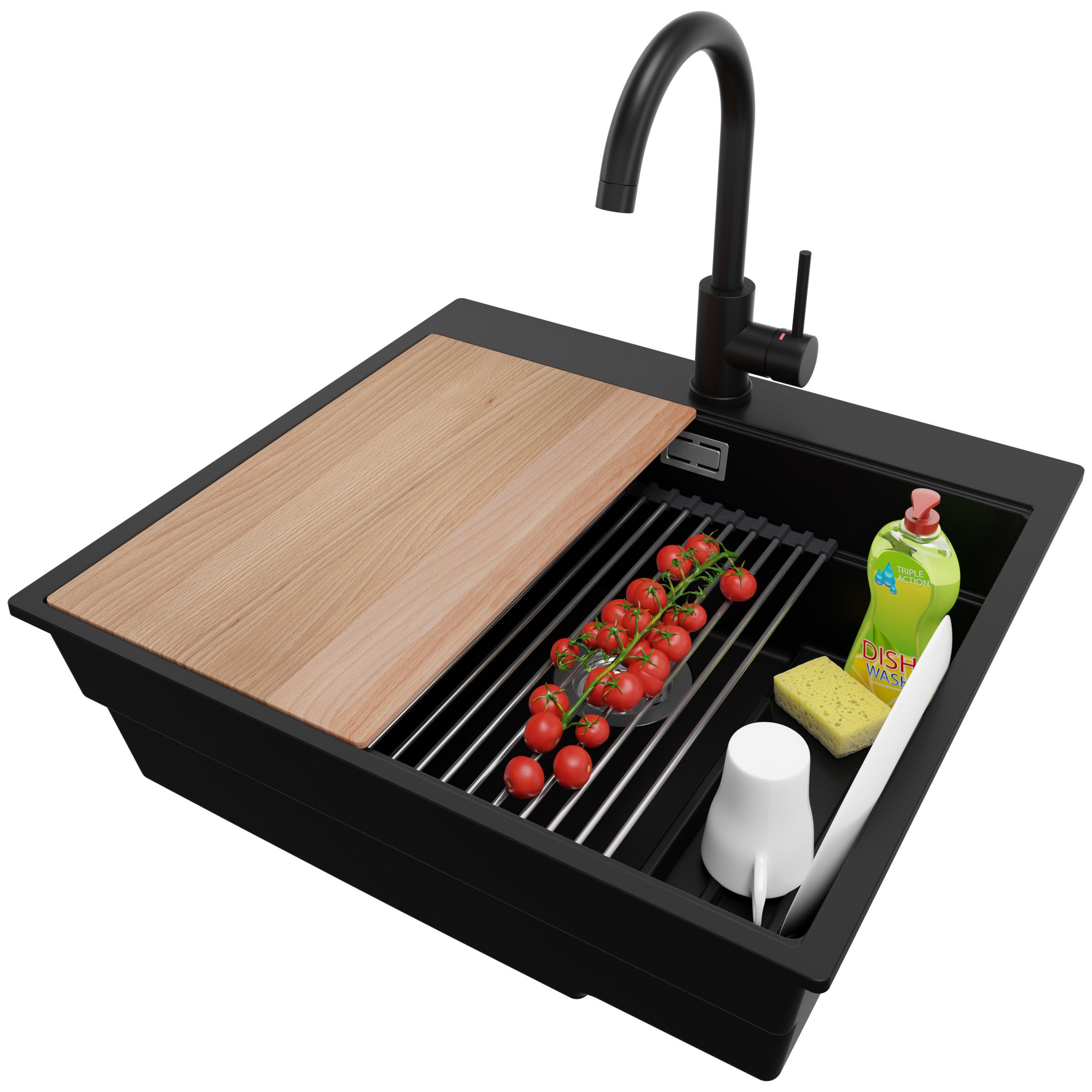 Evier Cuisine en Granit Noir 58x53cm, Lavabo 1 bac + Kit de Vidage ...