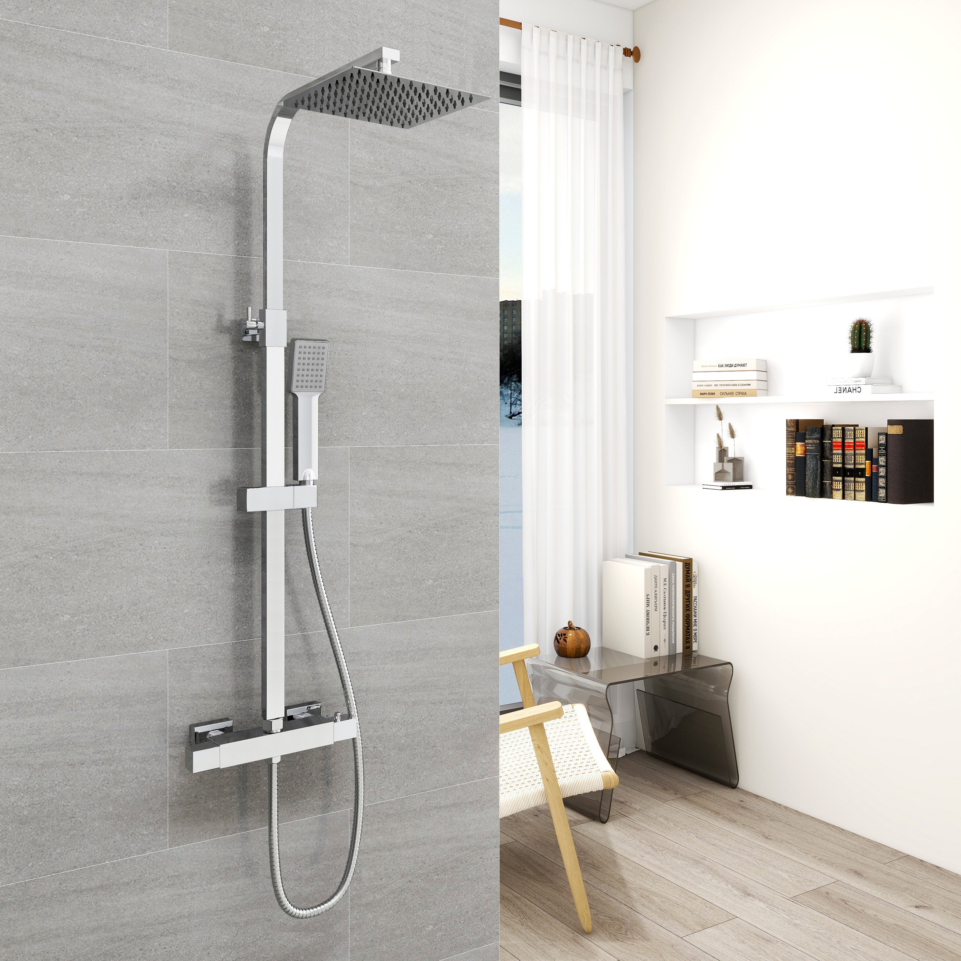 Colonne de douche thermostatique 200mm, kit carré chromé AICA | Leroy ...