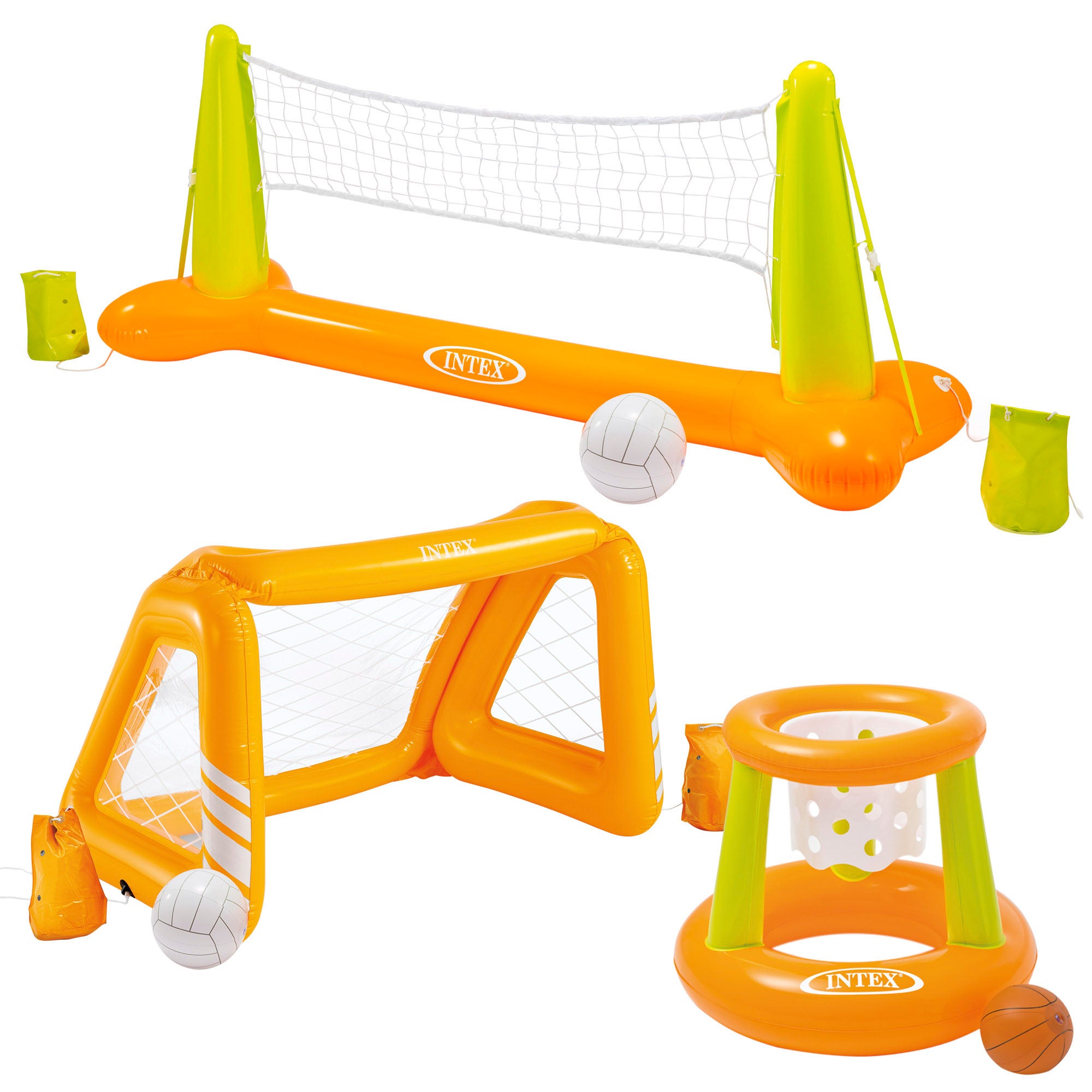 Pack INTEX juegos piscina con vóley hinchable + canasta flotante + portería acuática (6 piezas ...