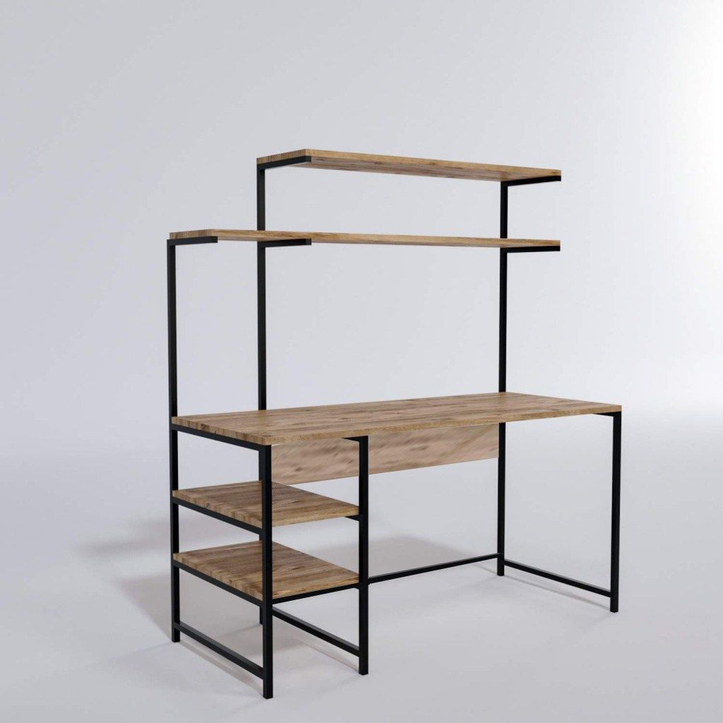 Bureau avec étagère style industriel Giday L140cm Métal Noir et Bois ...