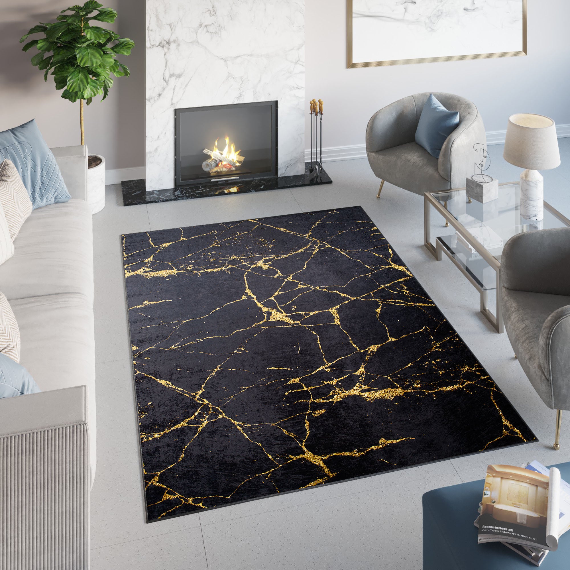 TAPISO Toscana Tapis de Salon Moderne Noir Or Marbre Imprimé Abstrait ...