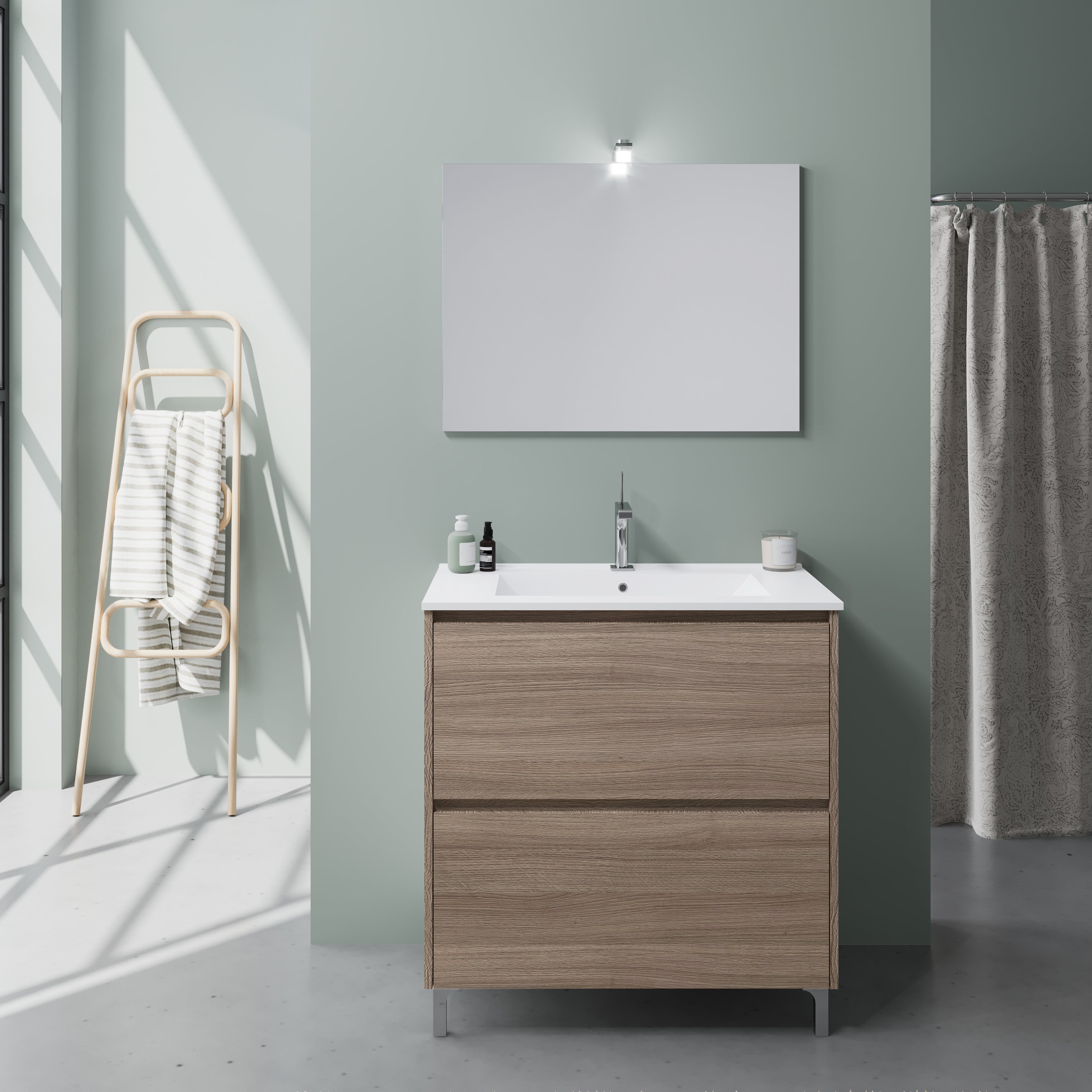 Meuble de salle de bains à poser de 80 cm avec lavabo et tiroirs chêne ...