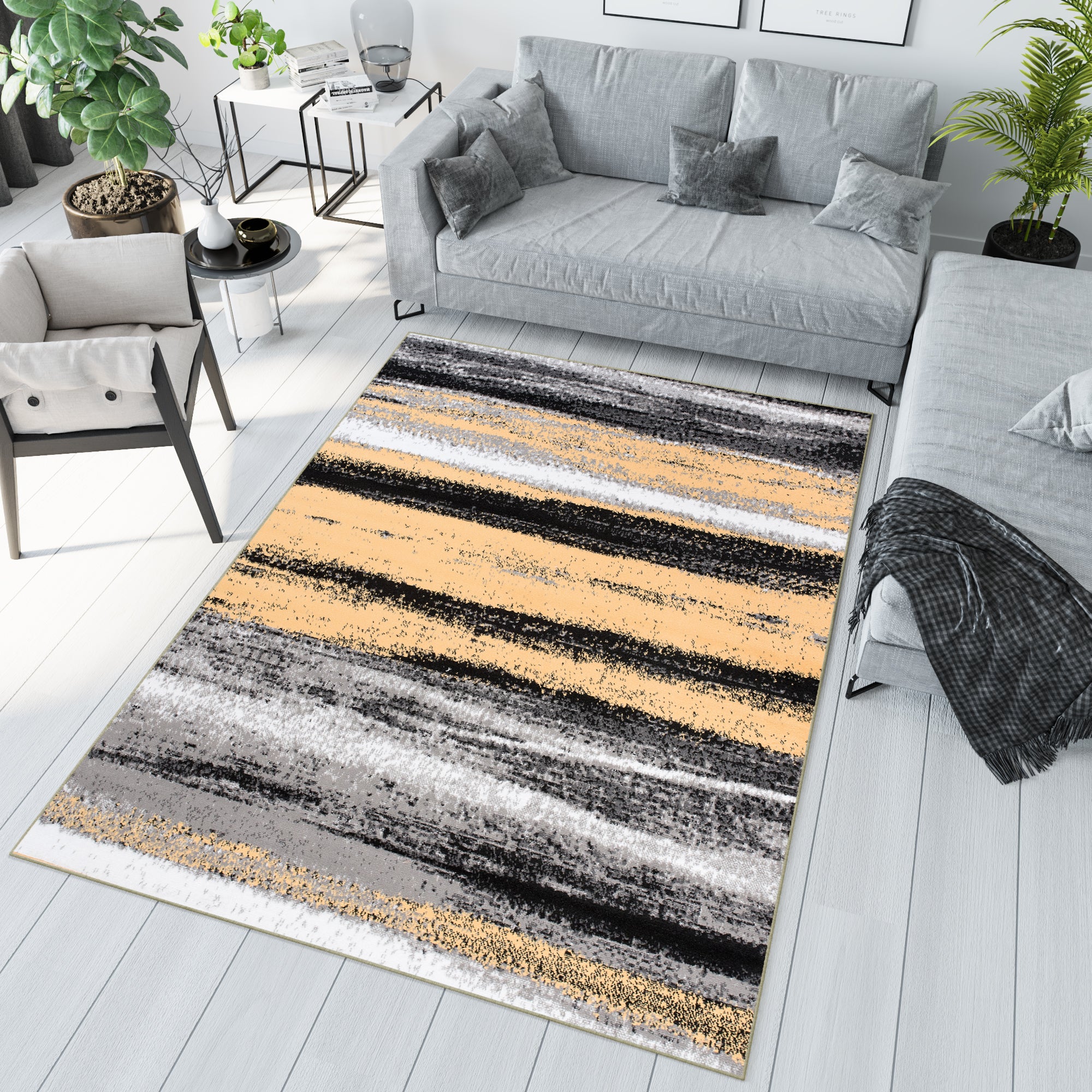 TAPISO Maya Tapis Salon Jaune Noir Gris Blanc Abstrait Rayures Fin 180 ...
