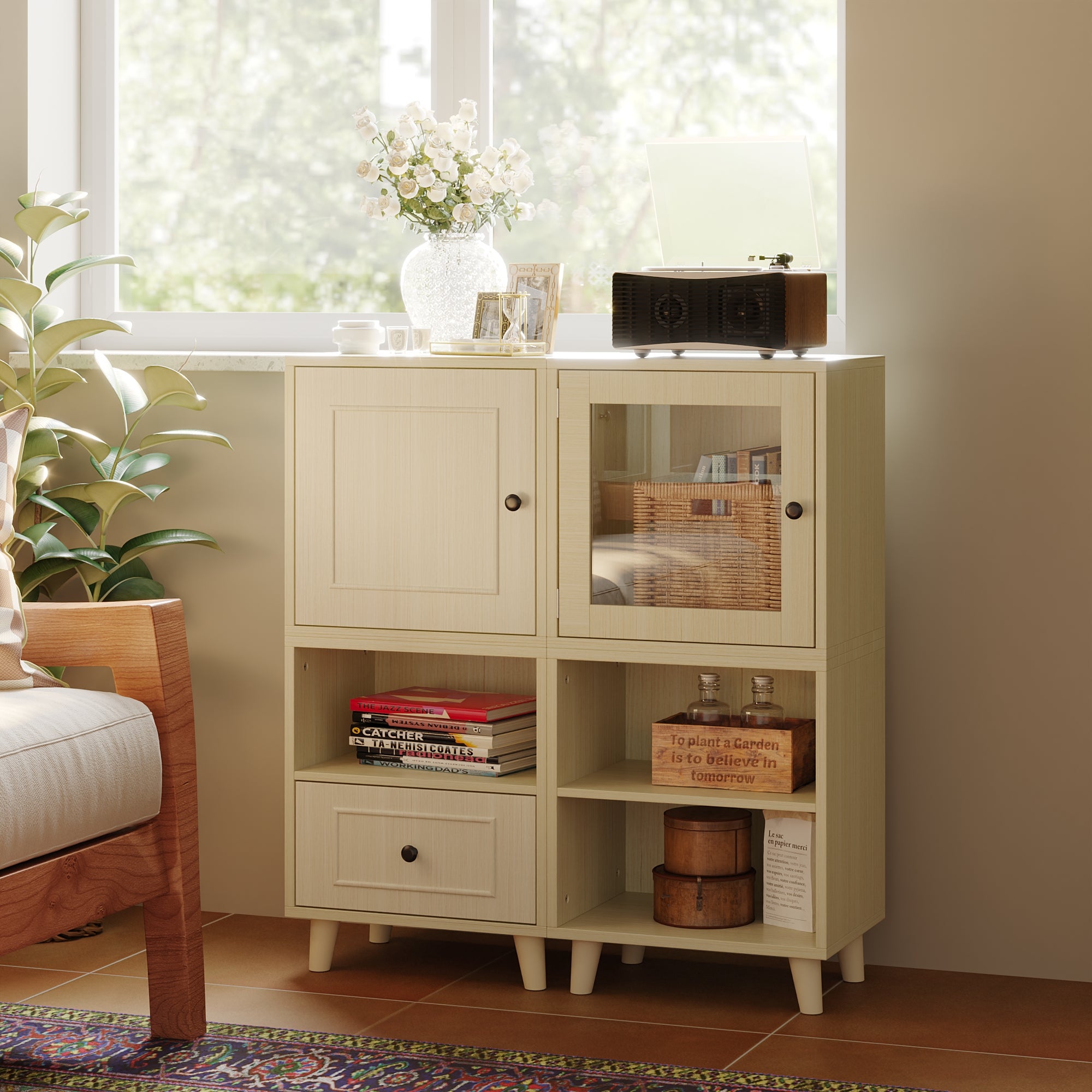 Buffet avec 2 Portes, Tiroir et Compartiments, Ensemble de 4 Petits ...