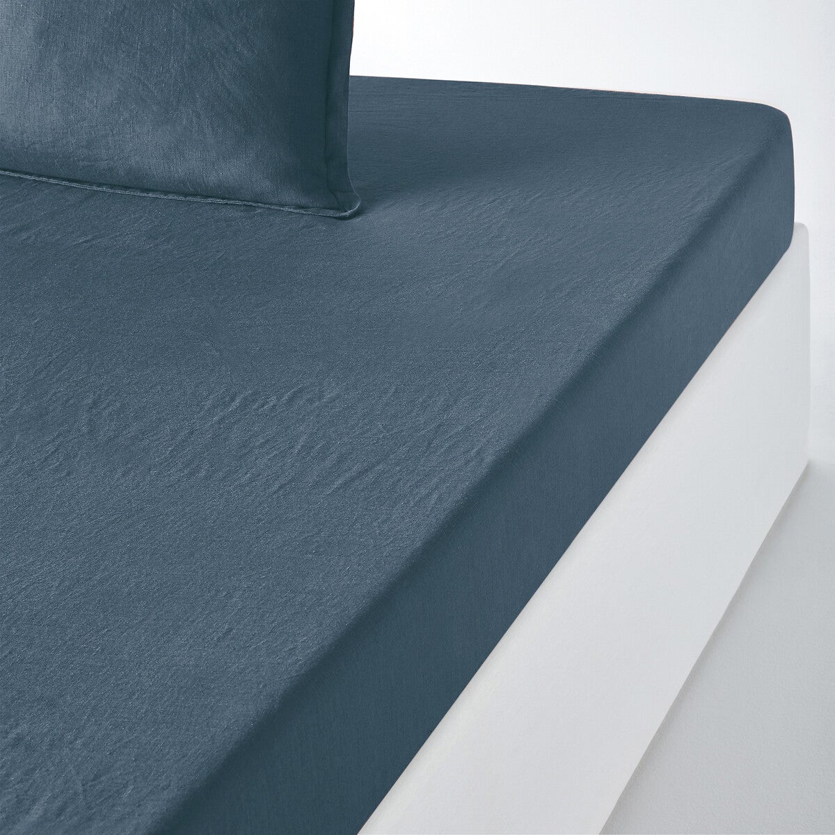 Drap housse lin lavé, bonnet 35 cm, Linot - Bleu de prusse - 160 x 200 ...