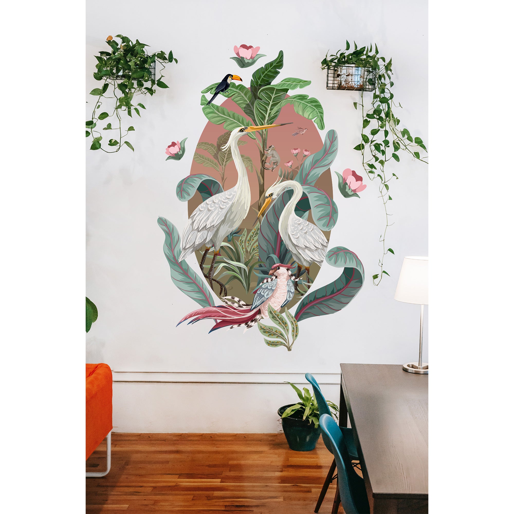 Decoración panorámica de corte grande, pájaros tropicales pastel, grúas ...