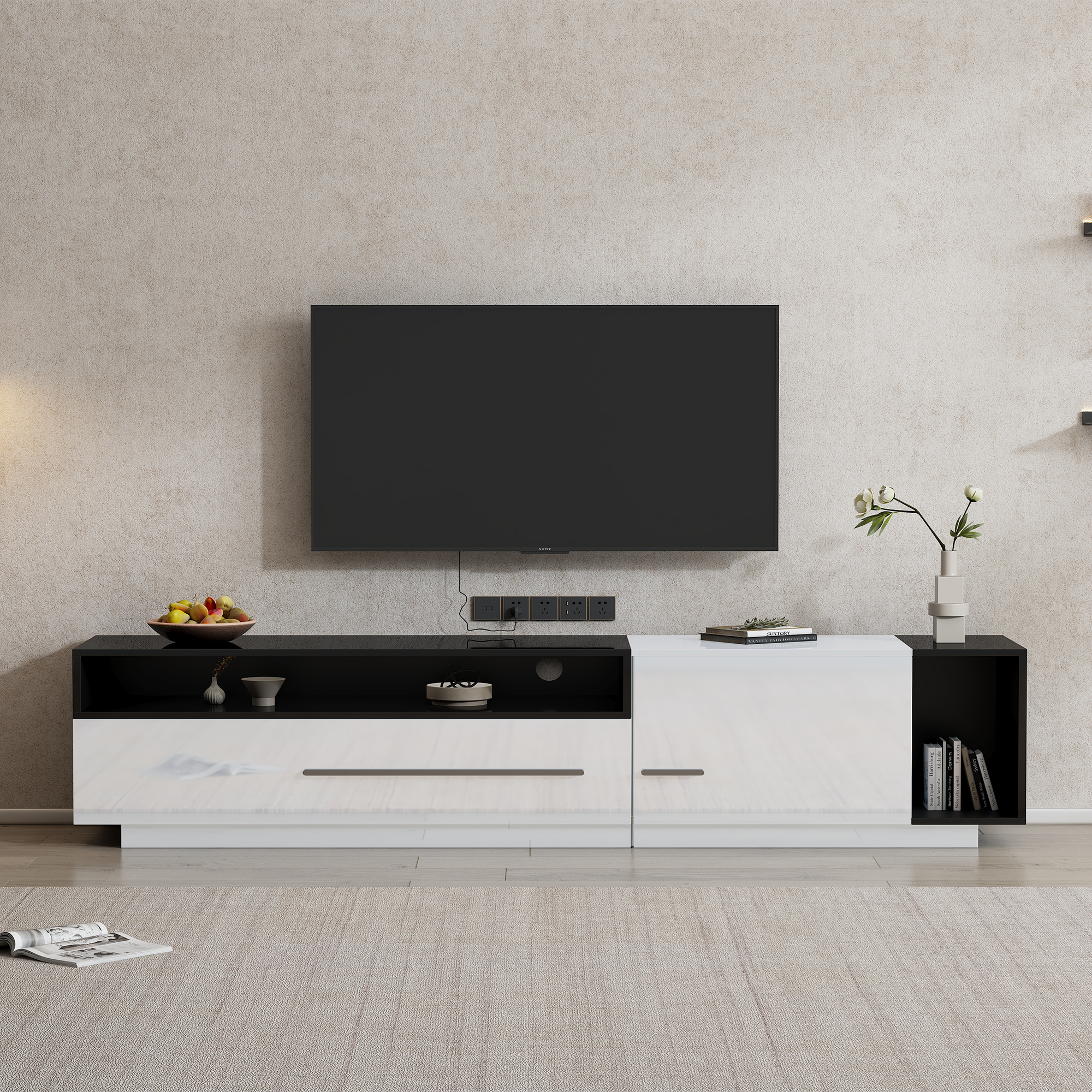 Mueble para TV de 170 cm - 1 cajón grande y 3 compartimentos - Blanco y ...