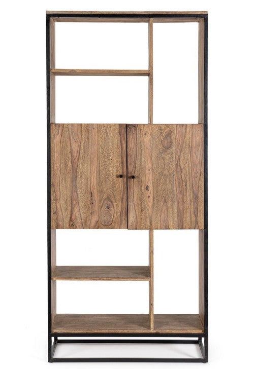 Bibliothèque 2 portes bois clair de Sheesham et acier noir Klazik 88cm ...