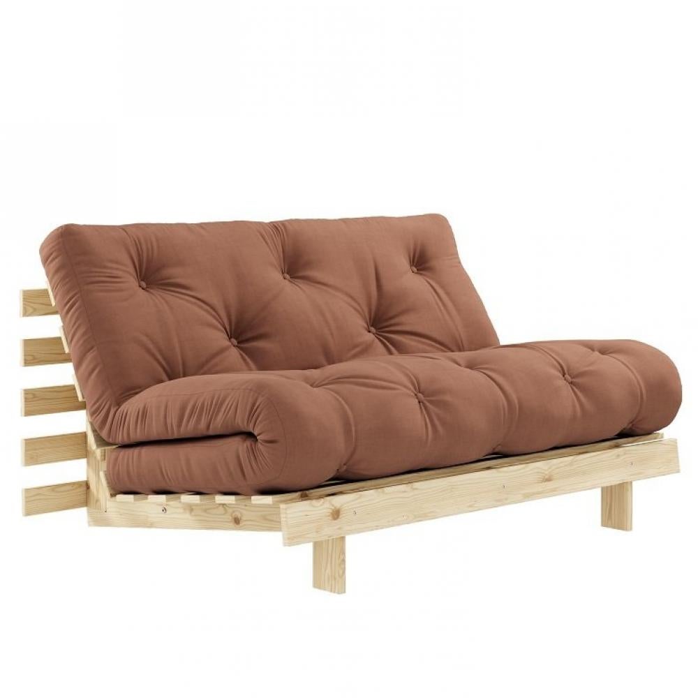 Canapé convertible futon ROOTS pin naturel tissu brun argile couchage ...