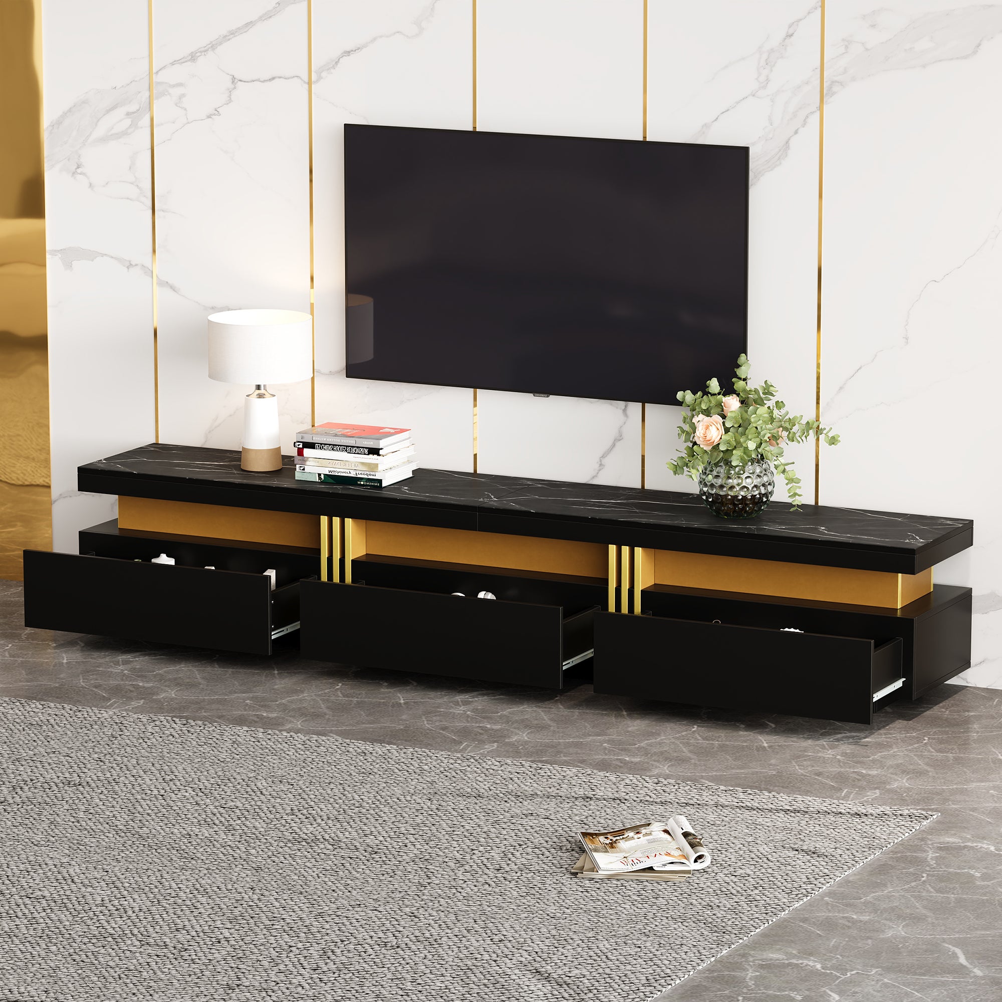 Mueble TV con 3 cajones - 200 x 40 x 42 cm - Tablero de partículas - Aspecto mármol - Negro ...
