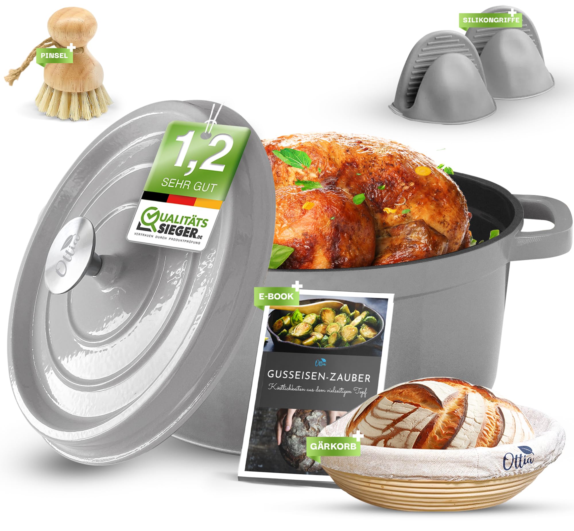 Ottia Pentola in ghisa per pane, ideale per il pane, forno olandese, teglia da 6 l, con gommini ...