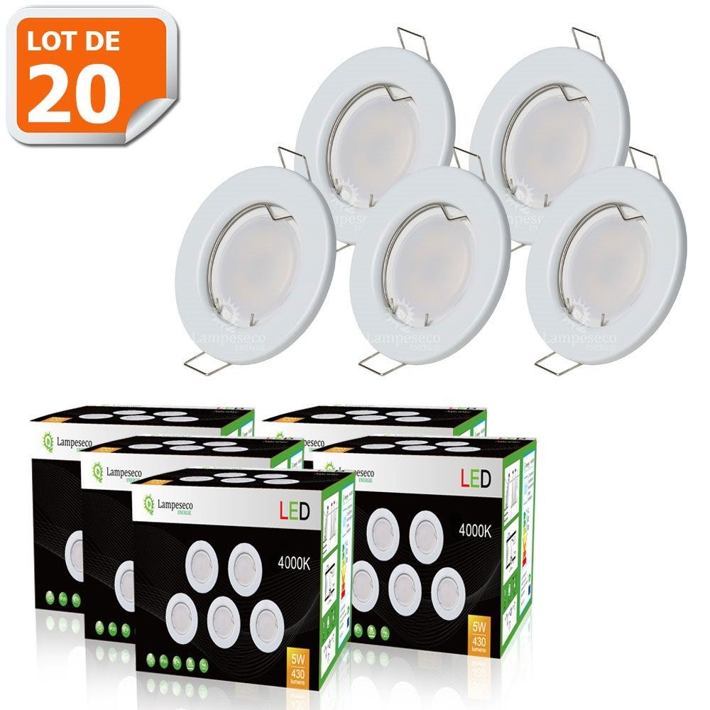 Lot De 20 Spot Led Encastrable Complete Ronde Fixe Eq 50w Blanc Neutre