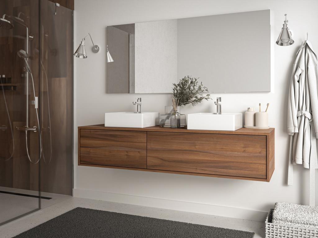 Mueble de baño flotante color natural oscuro - 150 cm - ISAURE | Leroy ...