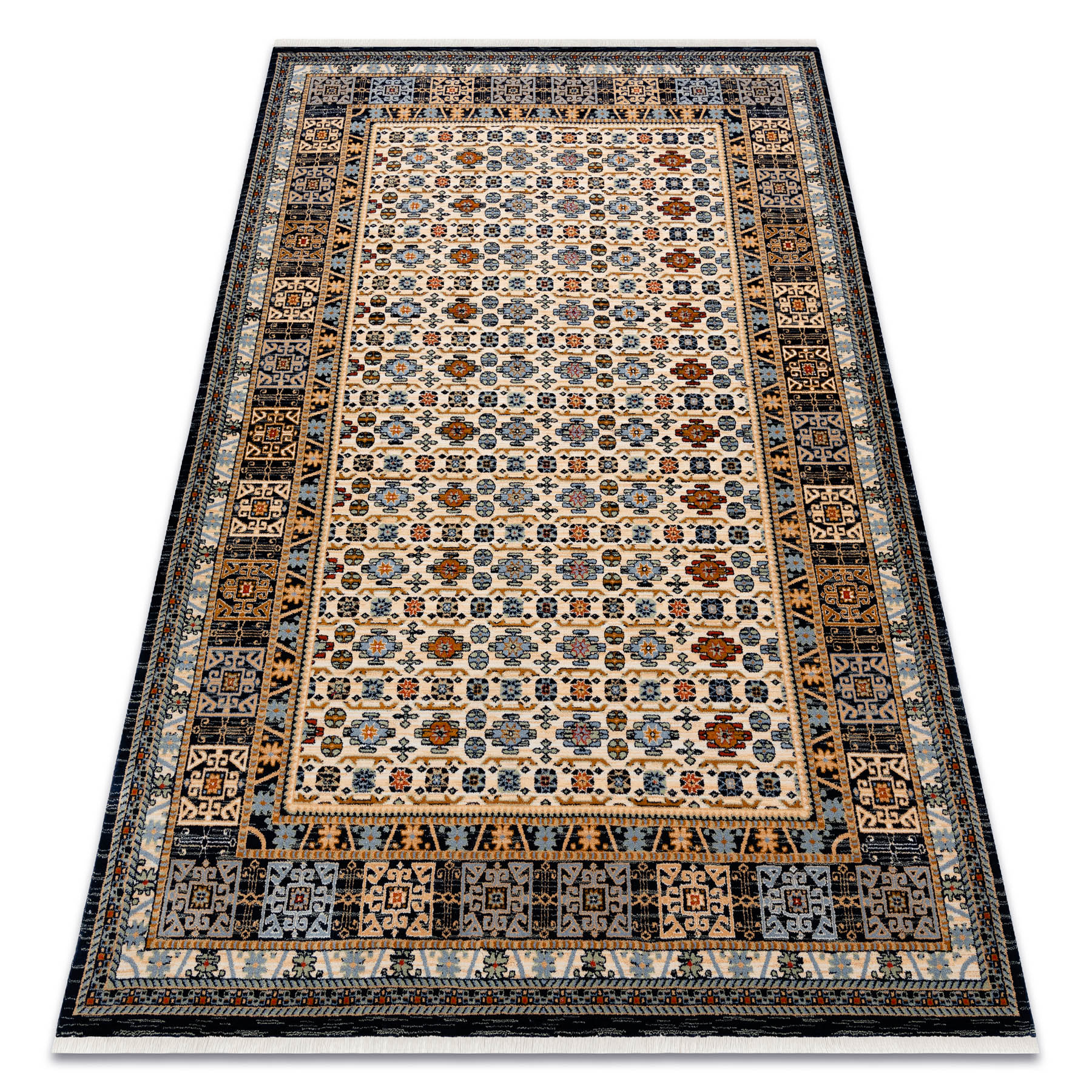 Alfombra de lana KESHAN franjas, Marco oriental 6428/53551 beige / azul ...