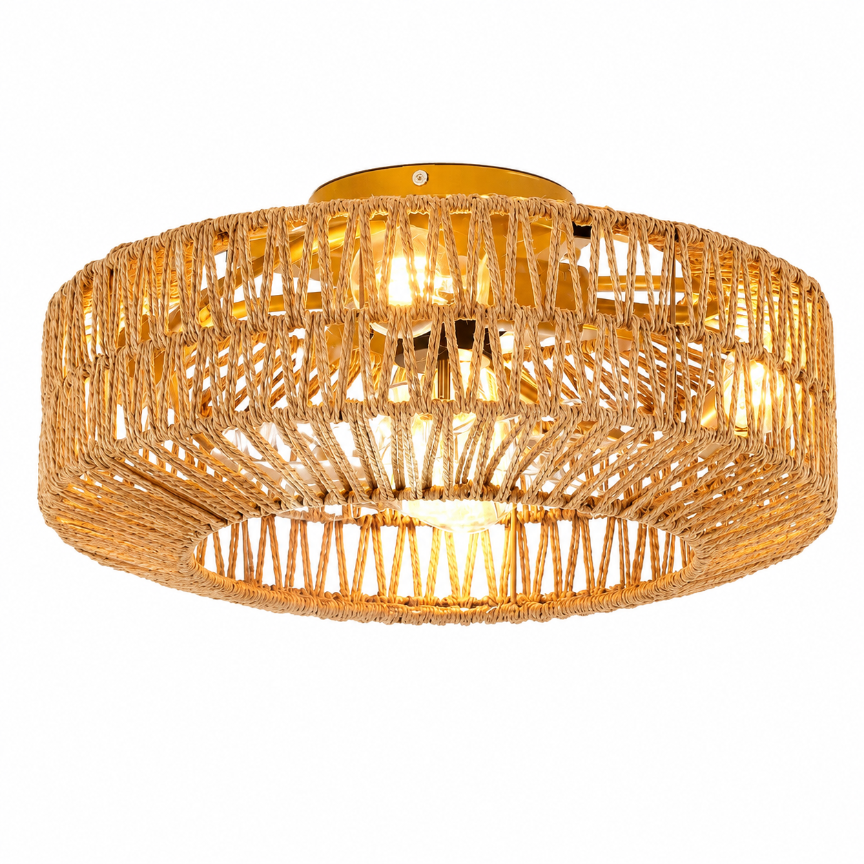 Plafonnier Ventilateur en Rotin Naturel avec Lumière LED, Lampe de ...