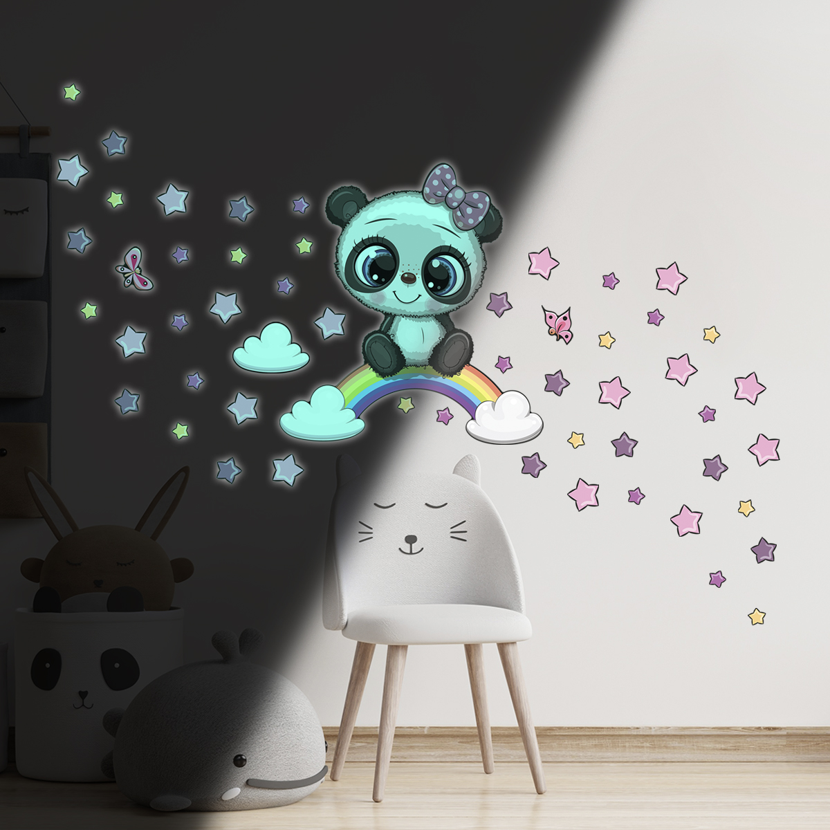 Sticker phosphorescent lumineux - PANDA SUR ARC-EN-CIEL - Autocollant ...
