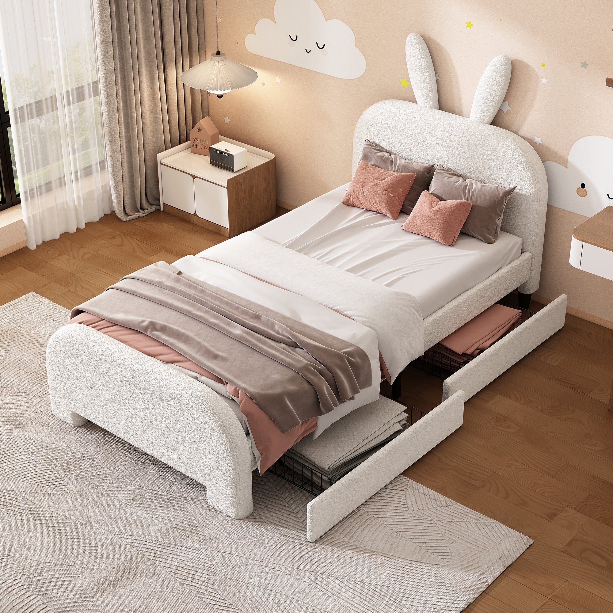 Lit enfant Lit capitonné Lit simple 90 x 200 cm en forme lapin de ...